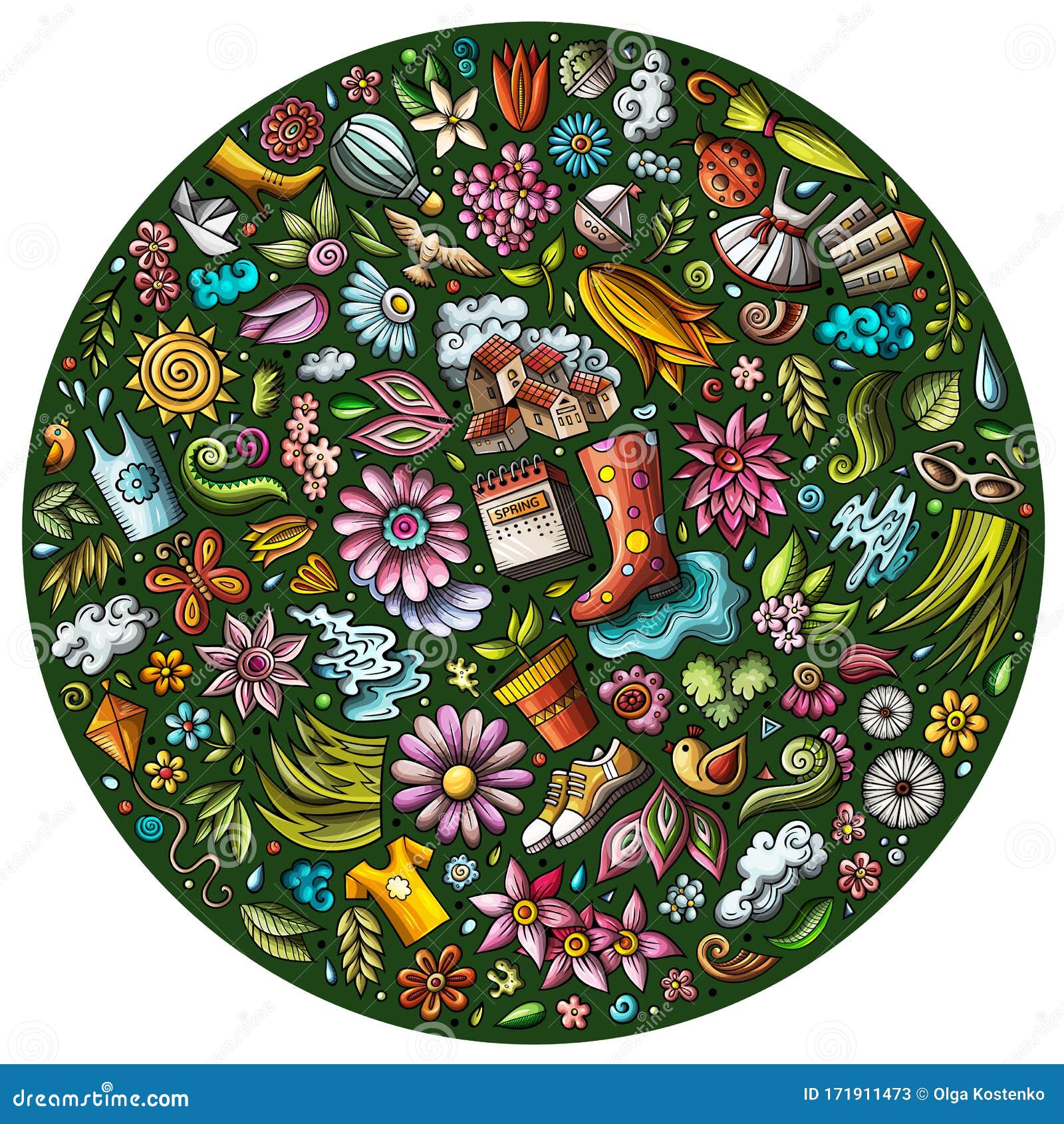 Colorful Vector Hand Drawn Set of Spring Cartoon Doodle Objects Stock ...