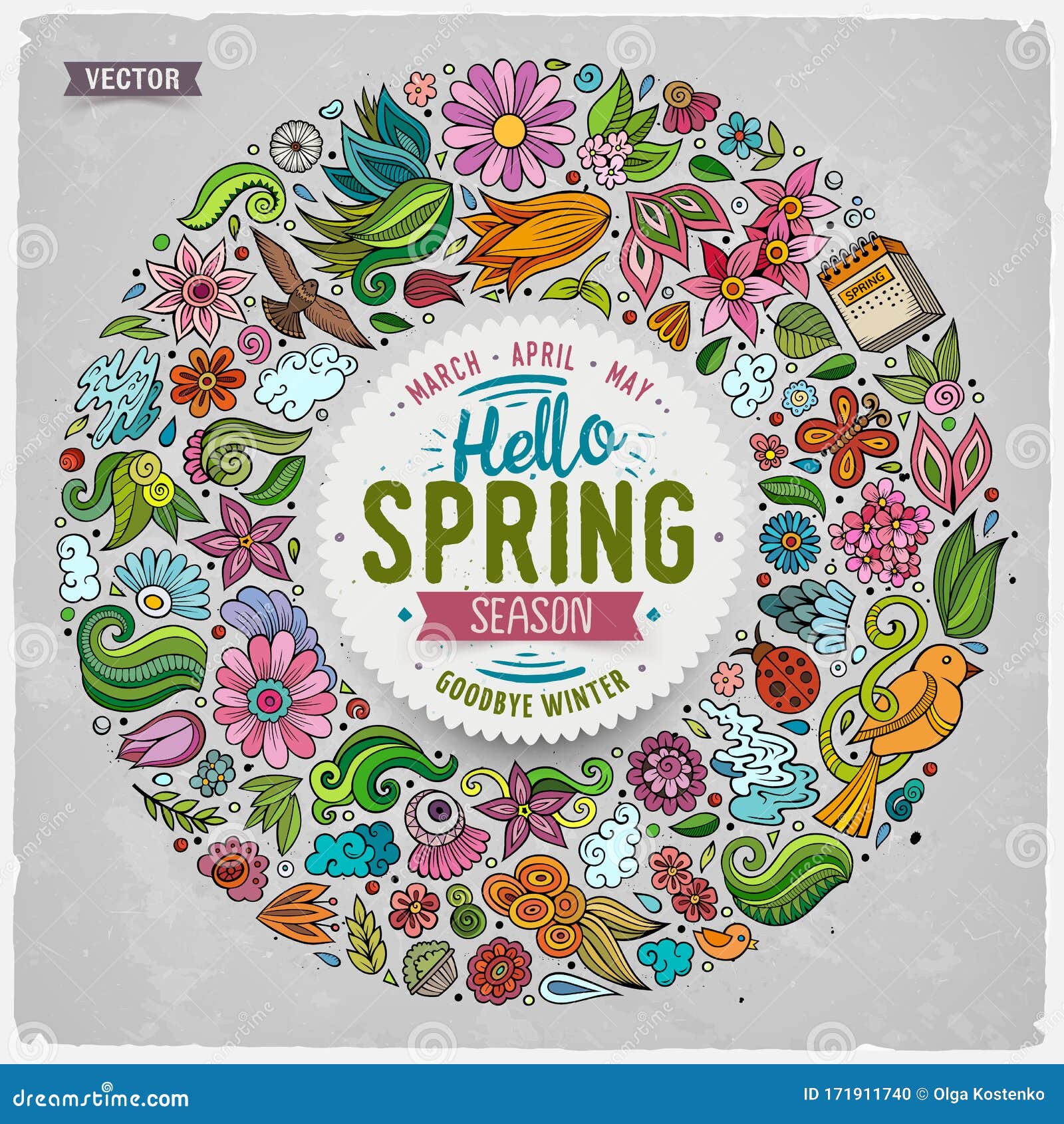 Colorful Vector Hand Drawn Set of Spring Cartoon Doodle Objects Stock ...