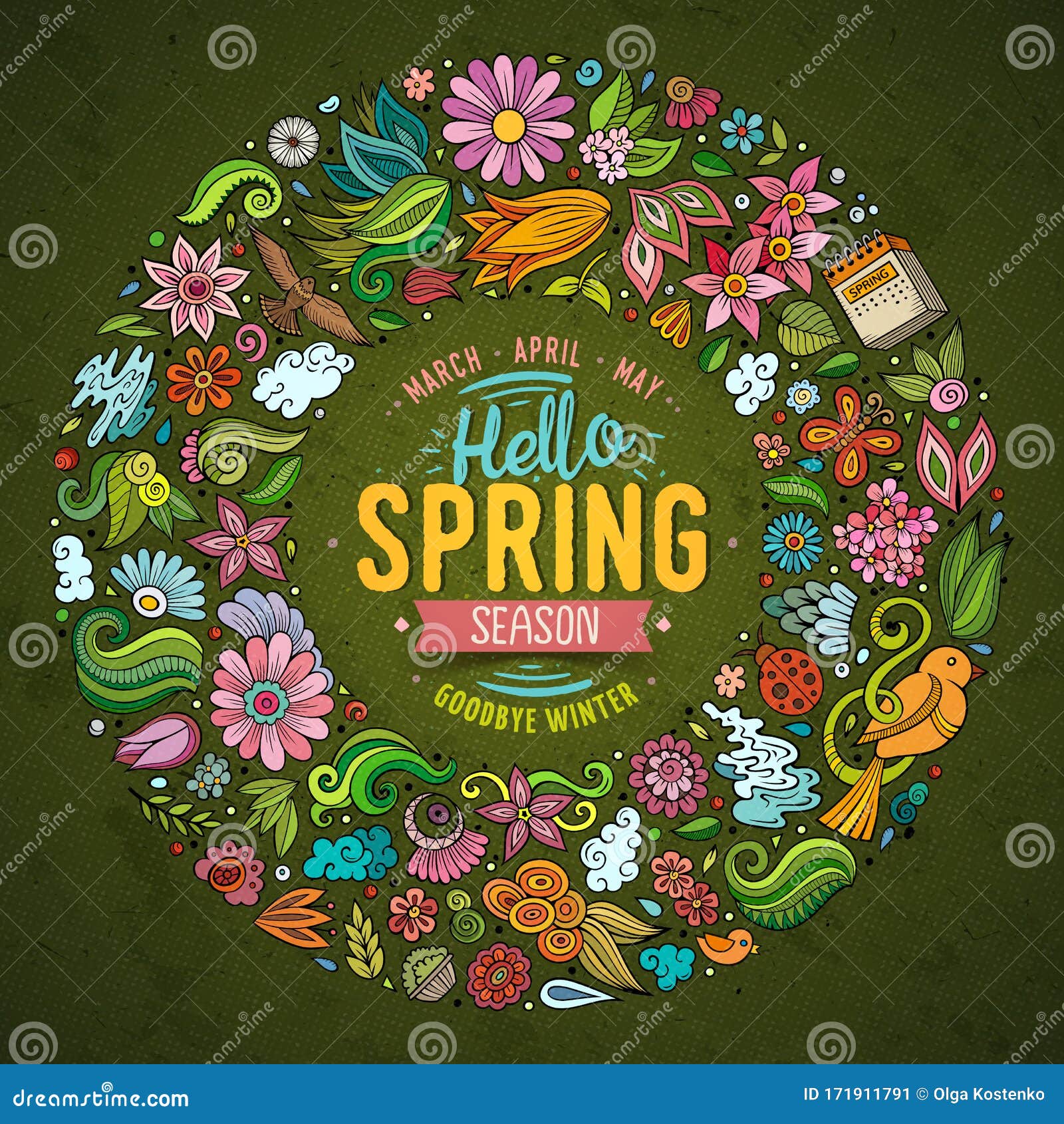 Colorful Vector Hand Drawn Set of Spring Cartoon Doodle Objects Stock ...