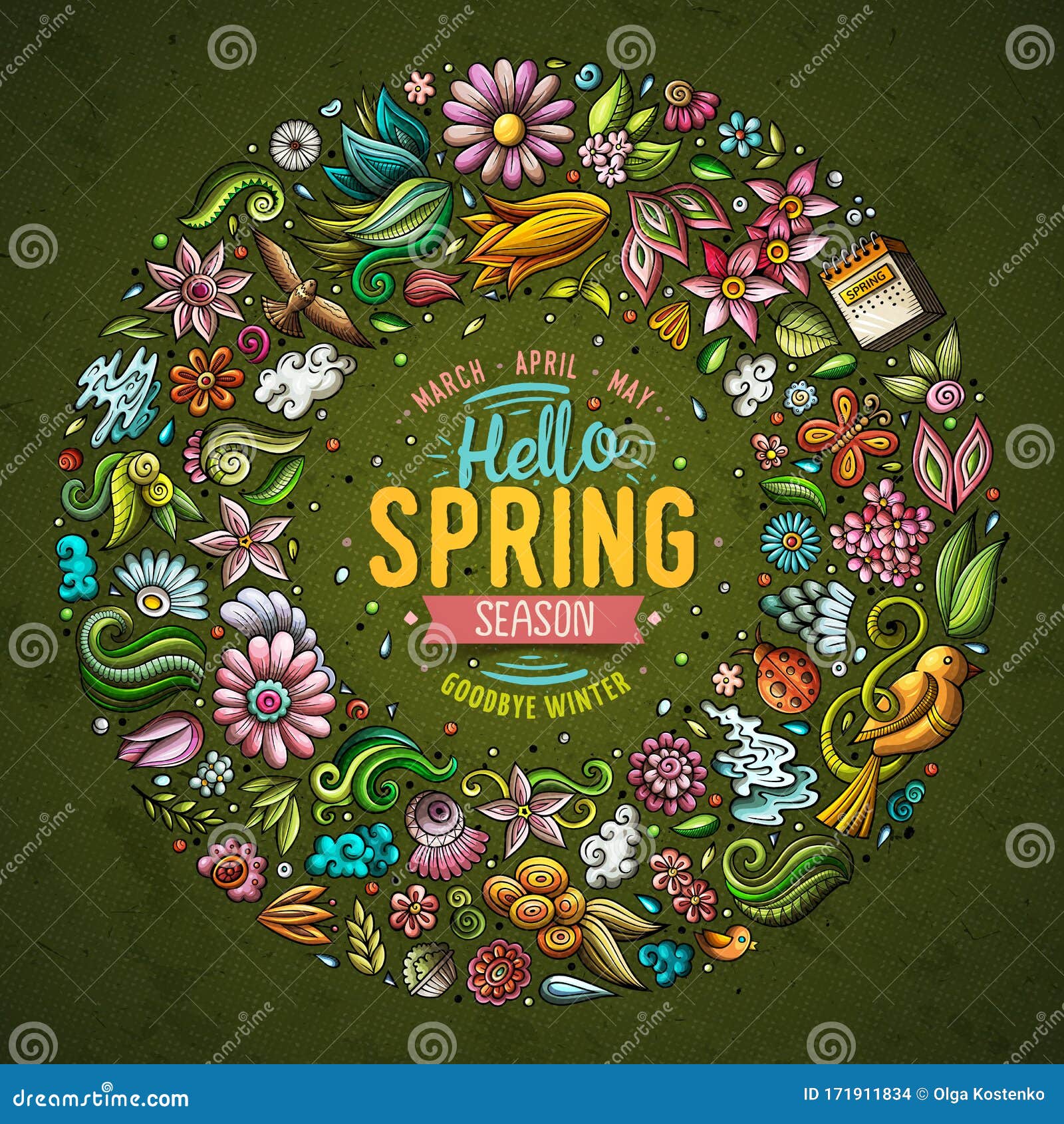 Colorful Vector Hand Drawn Set of Spring Cartoon Doodle Objects Stock ...