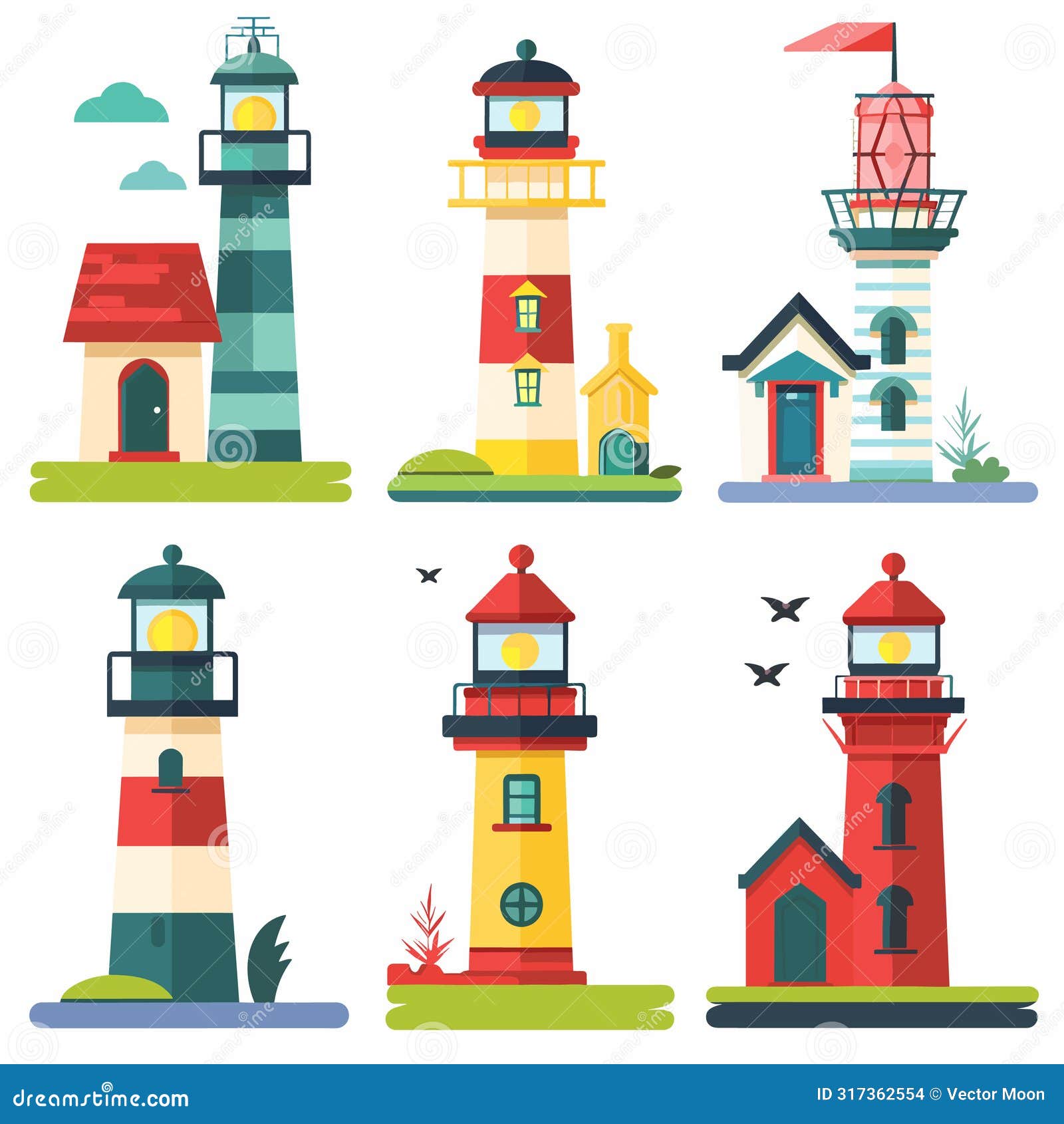 Colorful Vector Illustration Featuring Six Different Lighthouses ...