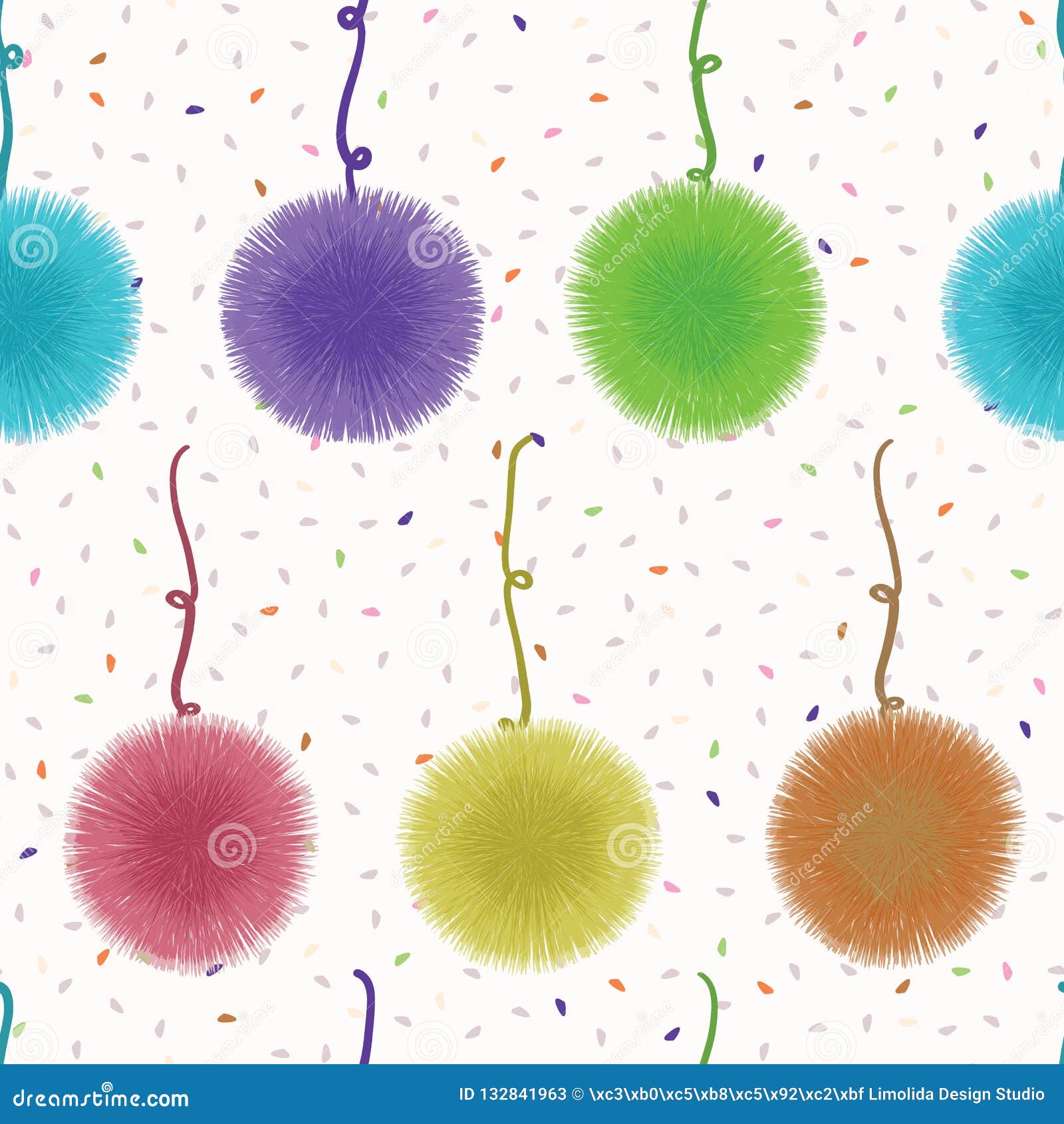 Colorful Vector Pom Pom Seamless Pattern. Hand Drawn Decorative ...