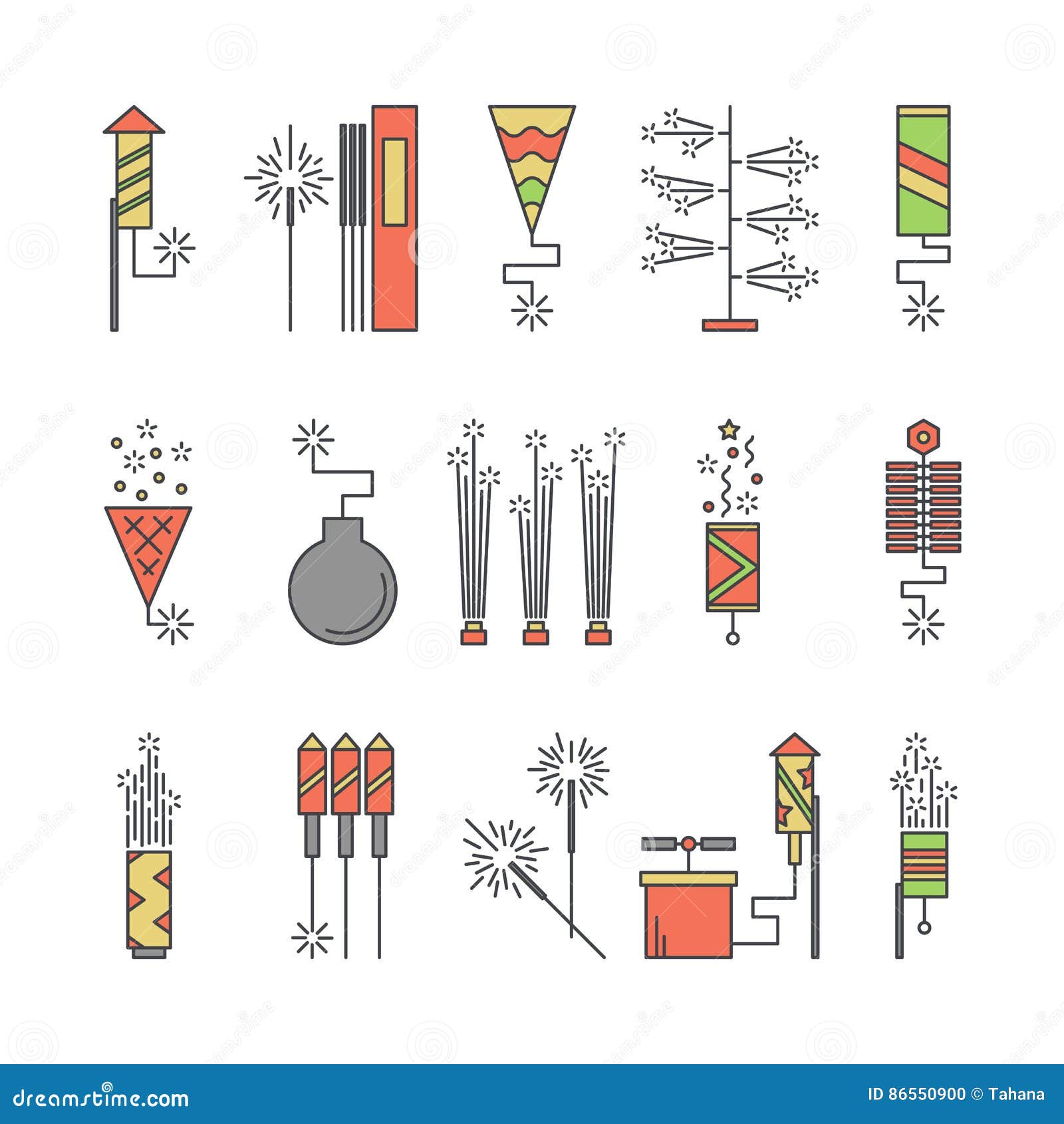 Colorful Vector Pyrotechnic Icons. Firework Explosion Elements. Line ...