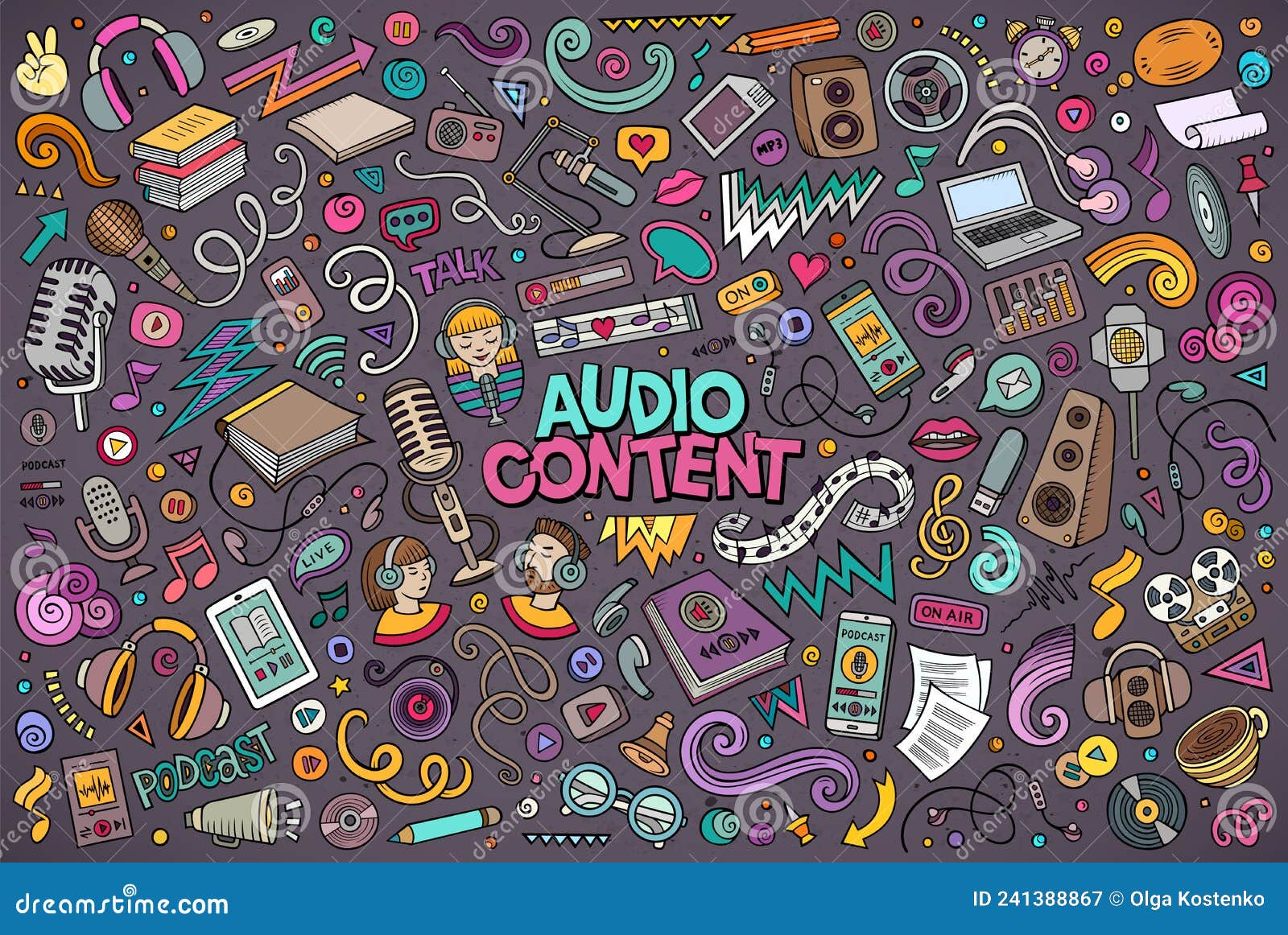 Colorful Vector Set of Audio Content Theme Objects and Symbols Stock ...