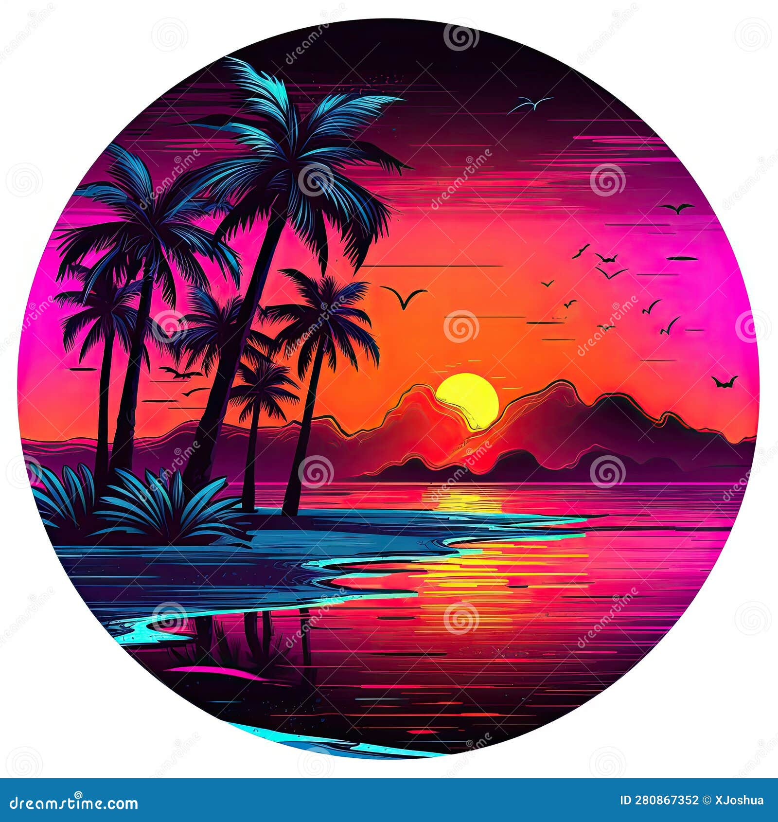 Neon Beach Sunset Illustration with a Technicolor Circle Design on a ...