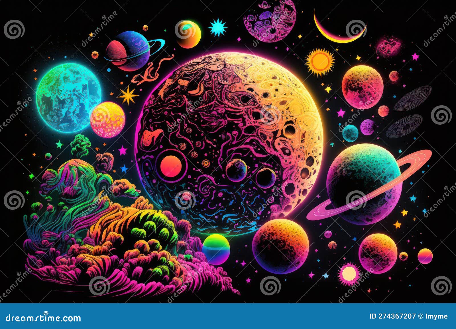 Colorful Psychedelic Galaxy and Planets in Space Illustration. Generative AI Stock Illustration ...