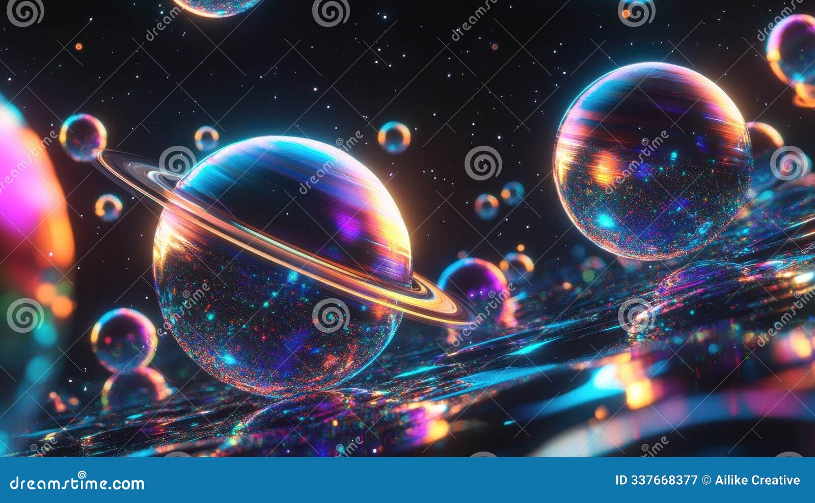 Colorful, Vibrant Space Scene with Planets and Bubbles Stock ...