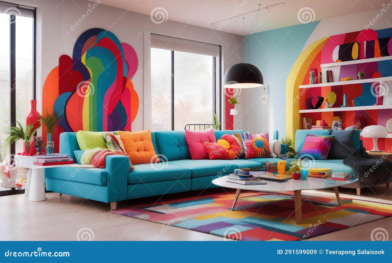 A Colorful Vivid Modern Living Room Creative Design Stock Illustration ...