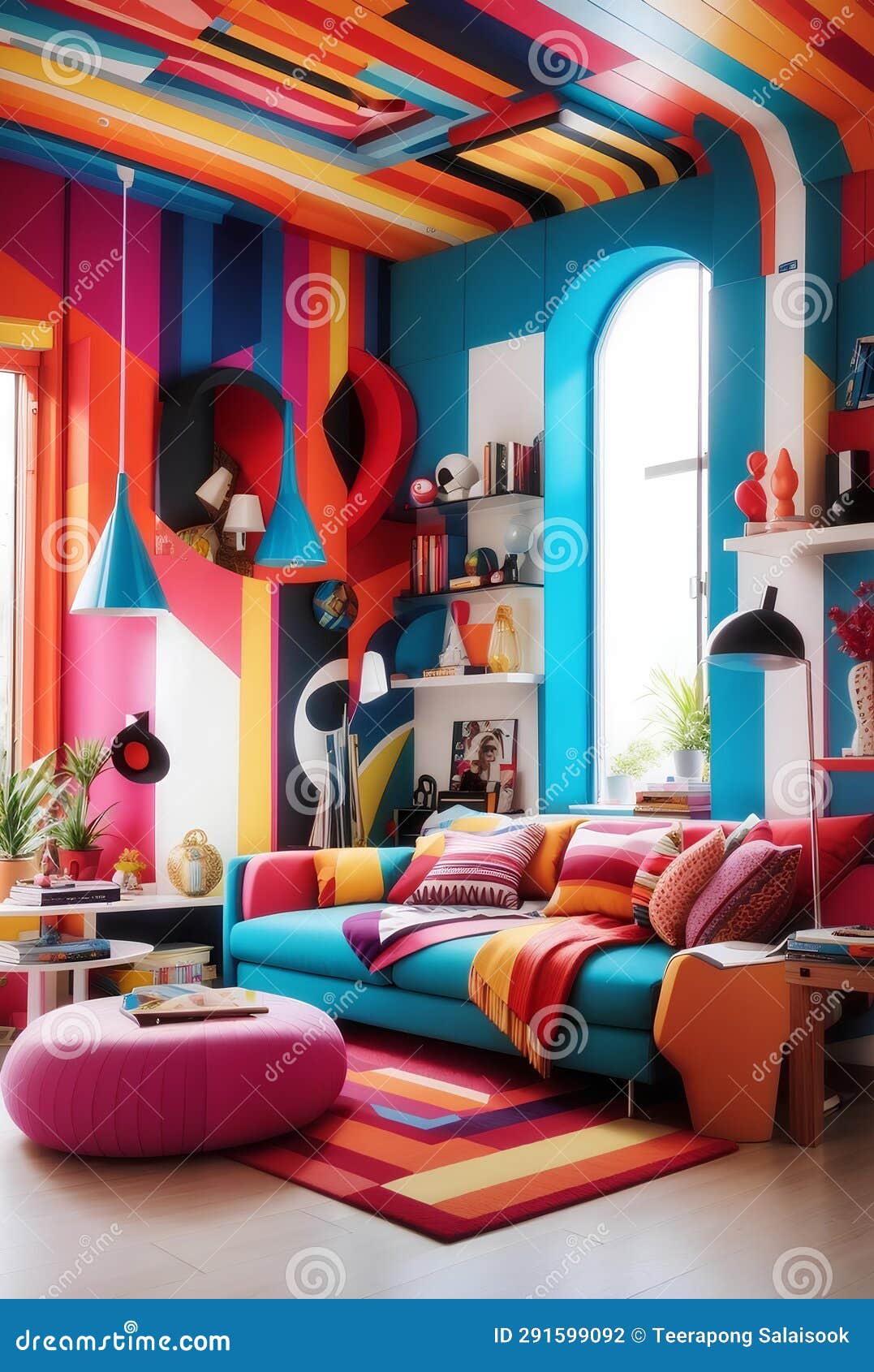 A Colorful Vivid Modern Living Room Creative Design Stock Illustration ...