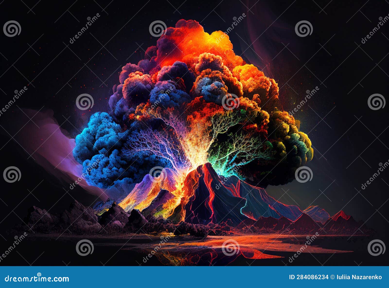 Colorful Volcano Eruption at Night. AI Generated Stock Illustration ...