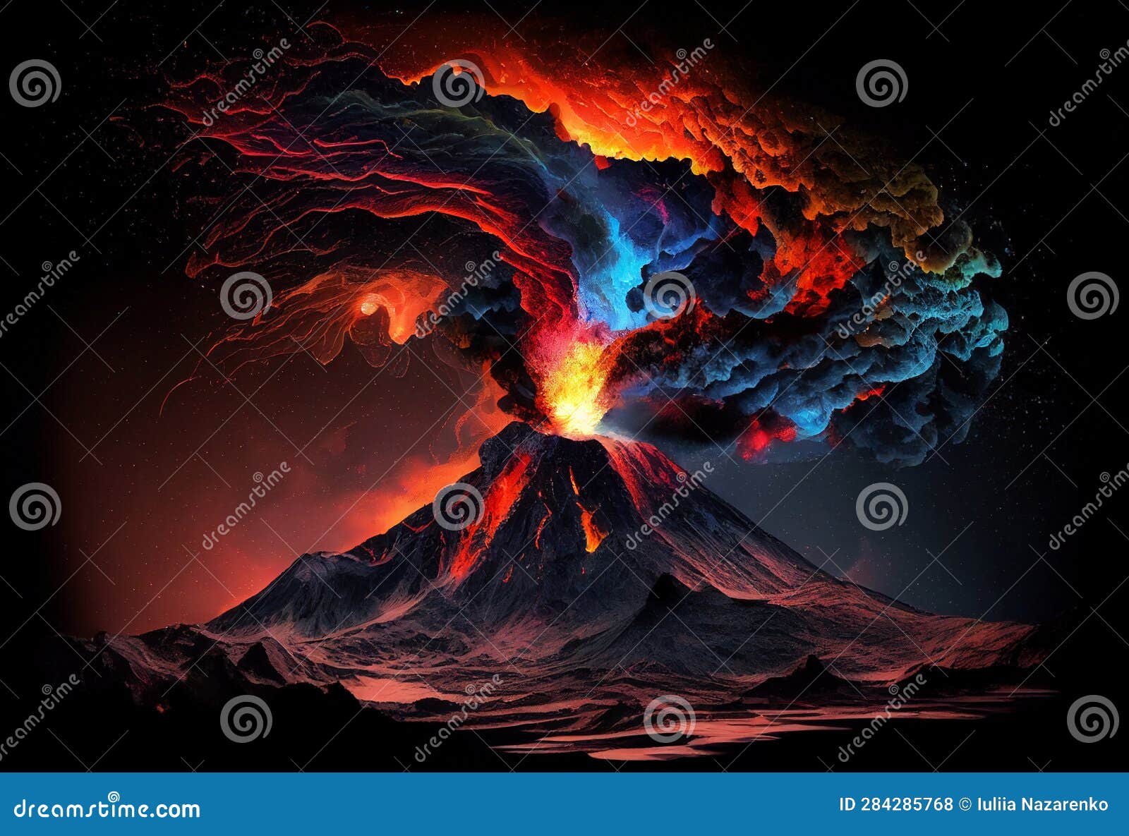 Colorful Volcano Eruption at Night. AI Generated Stock Illustration ...