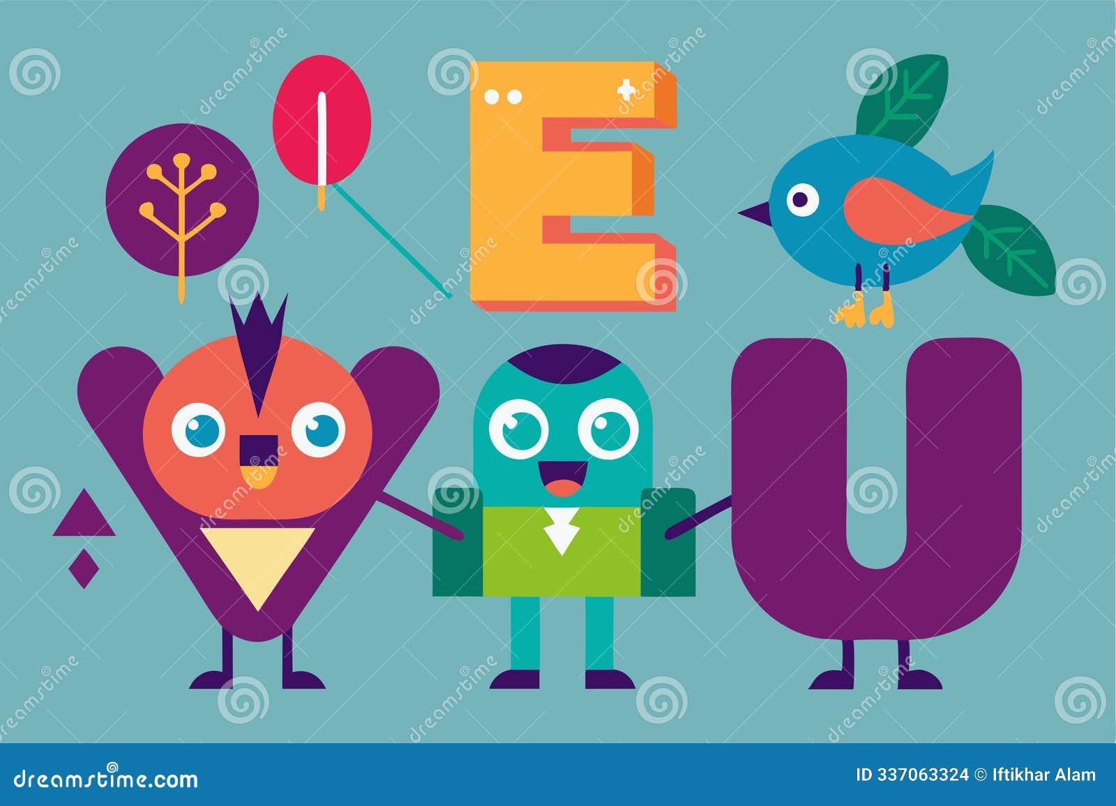 Colorful Vowels are Represented by Fun Characters and Natural Elements ...