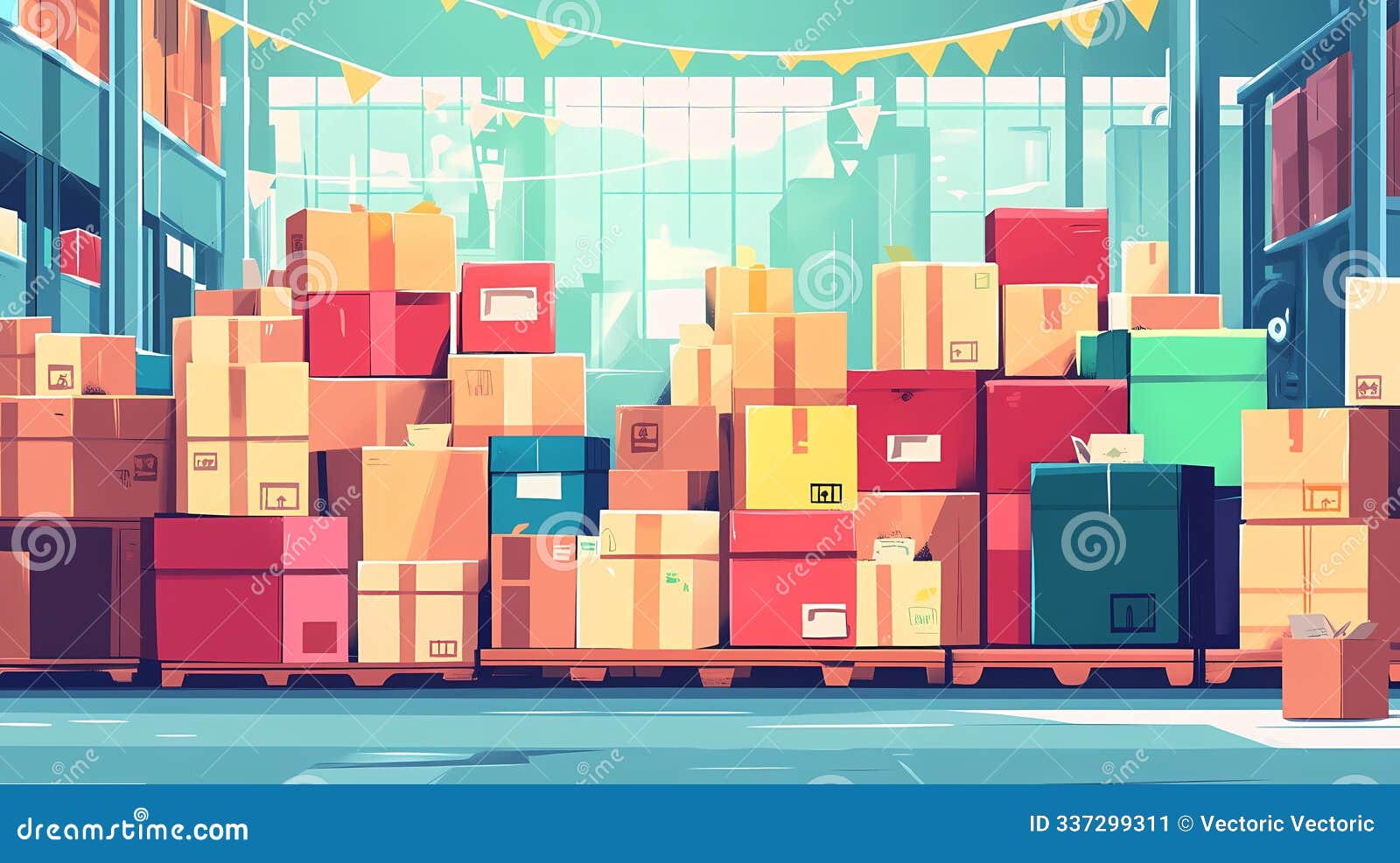 A Colorful Warehouse Filled with Stacked Boxes and Packages, Suggesting ...