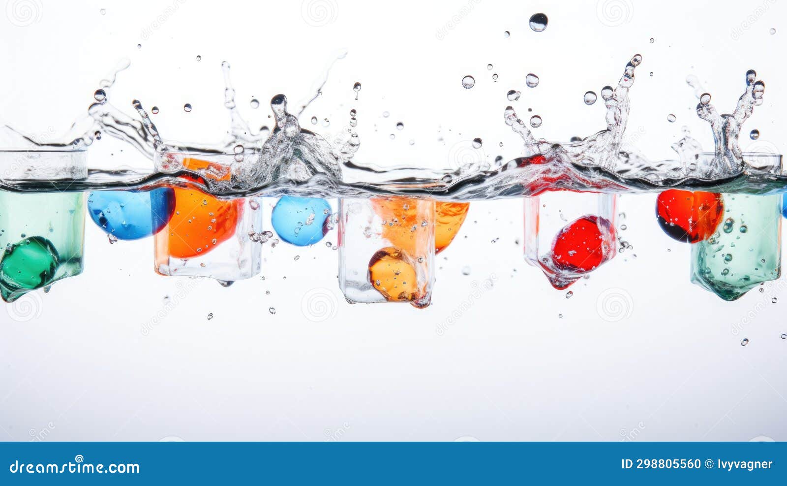 Colorful Water in Glass with Reflection on White Background. Colored ...