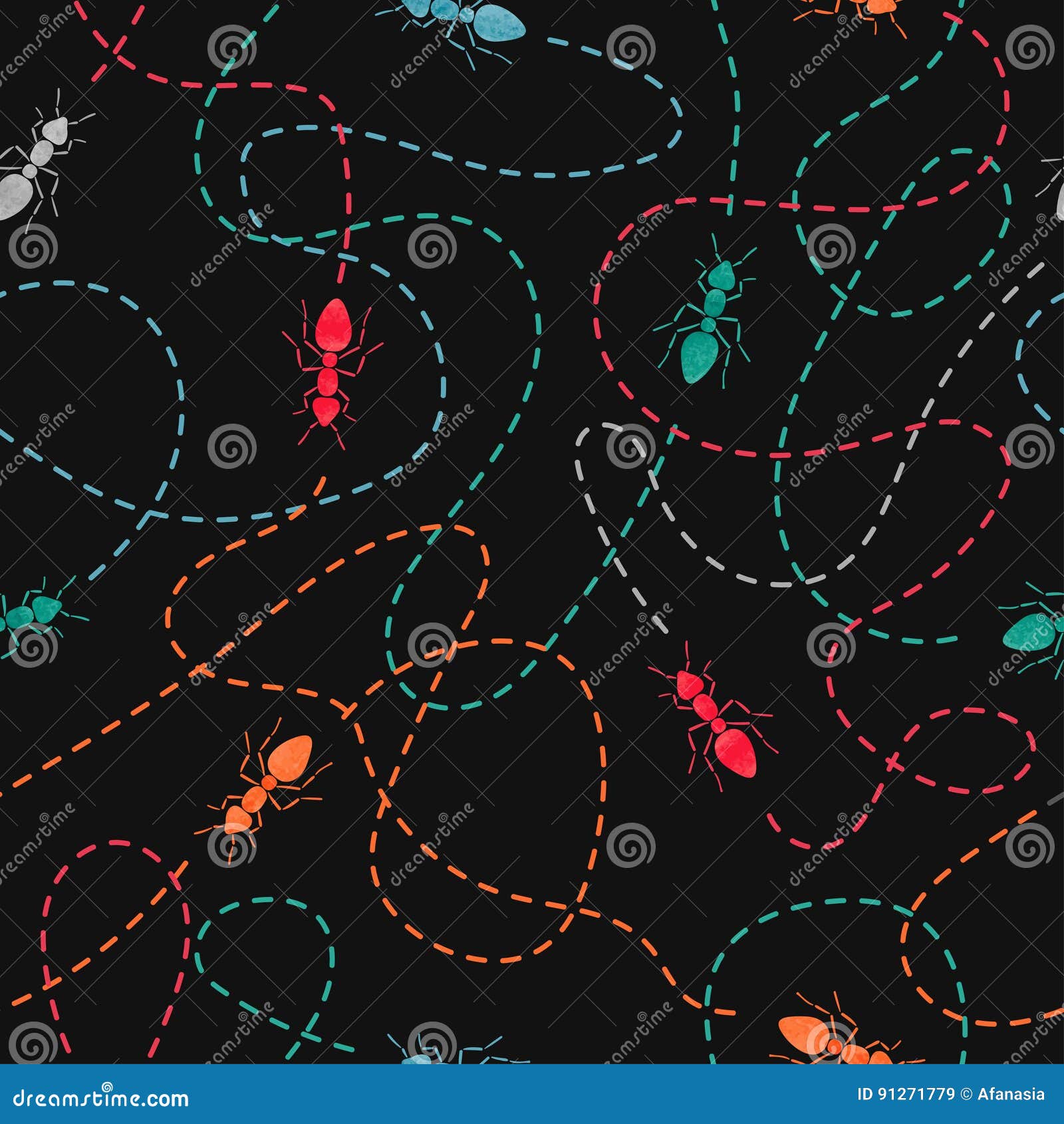 Colorful Watercolor Ants with Traces Seamless Pattern. Stock Vector ...