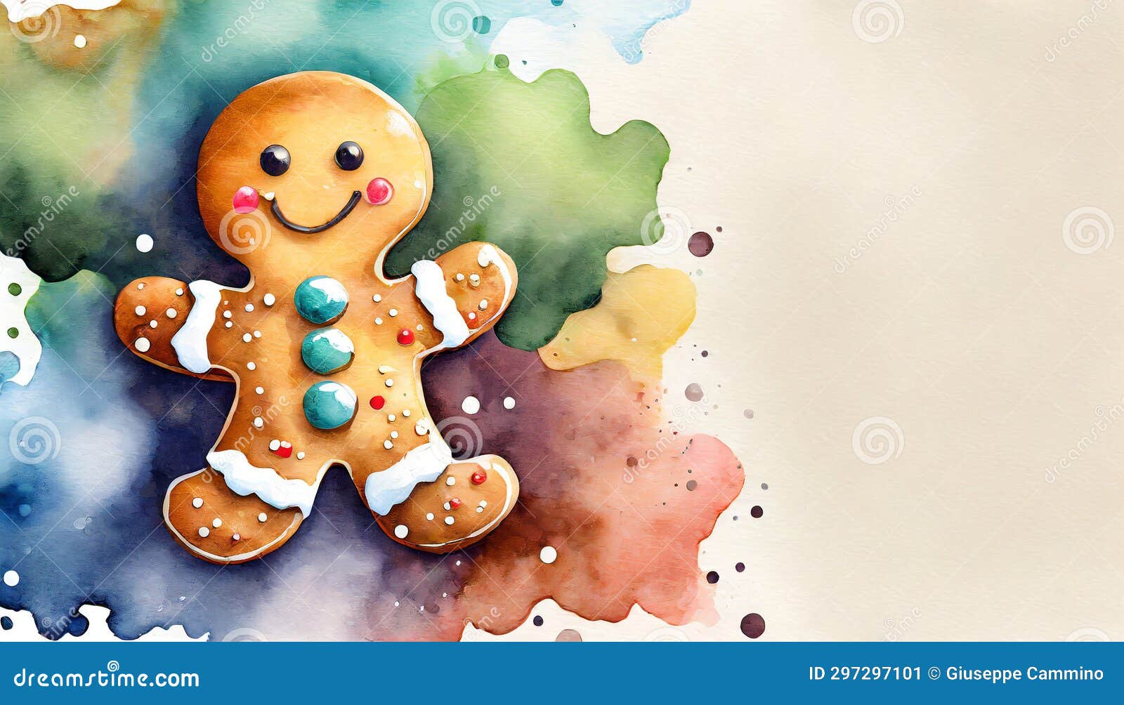 Colorful Watercolor of a Cute Gingerbread Man with Copy Space on a Side ...