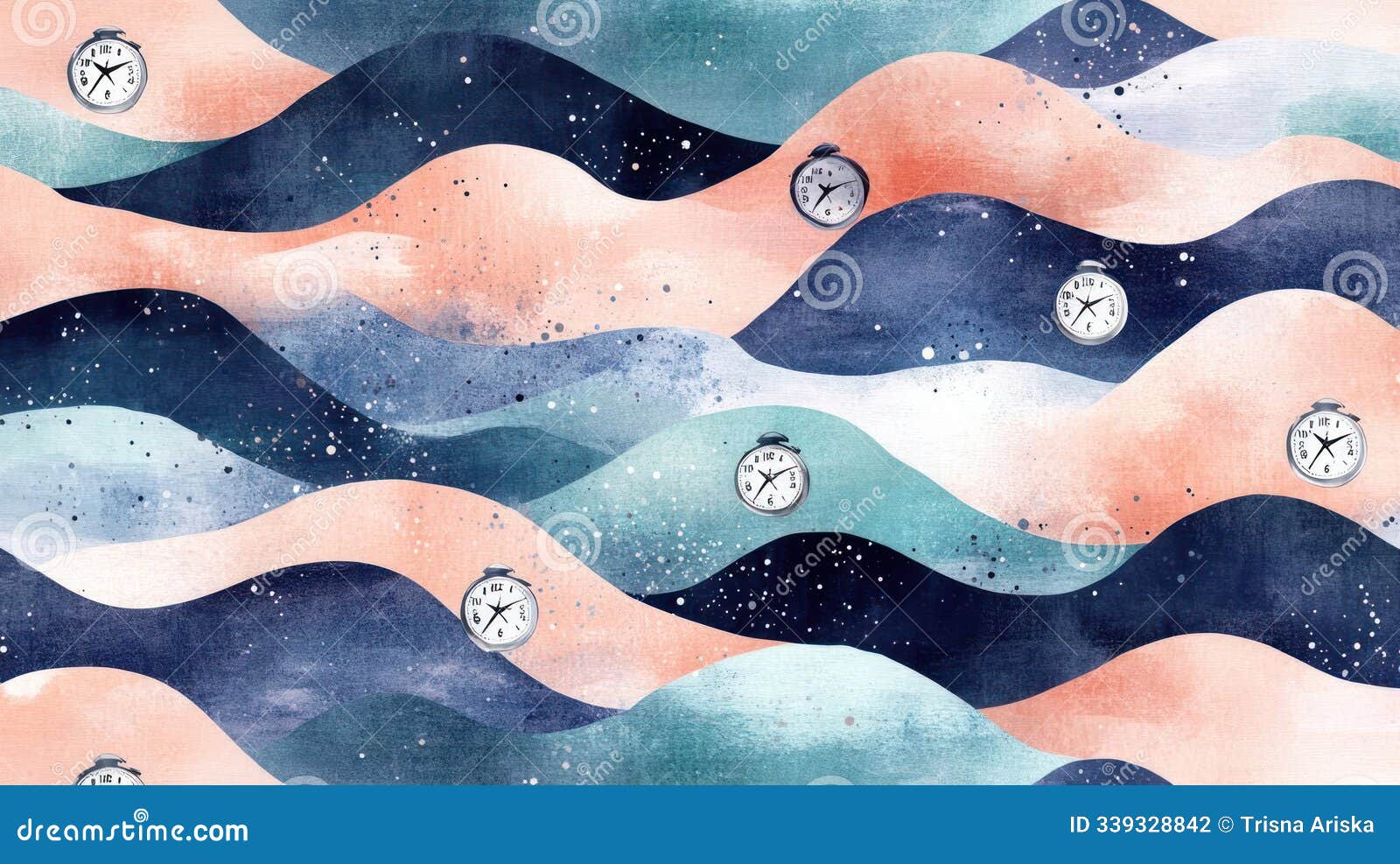 A Colorful Wave Pattern Featuring Clocks, Symbolizing Time and Flow ...