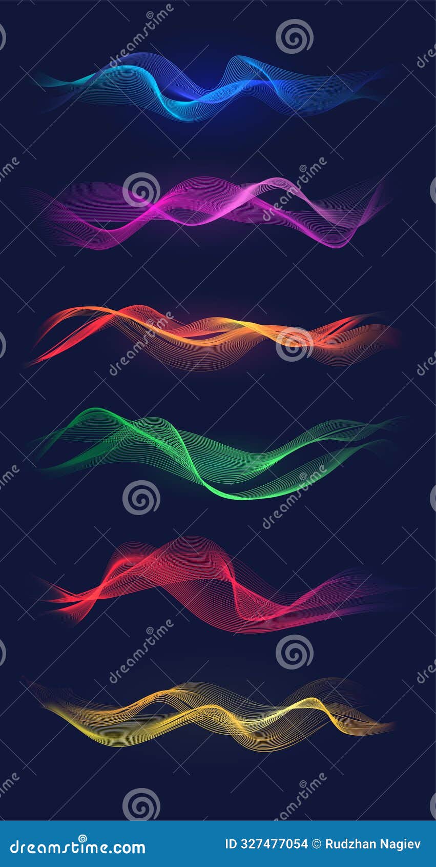 Colorful Wave Patterns on a Dark Background, Vector Illustration, Each ...