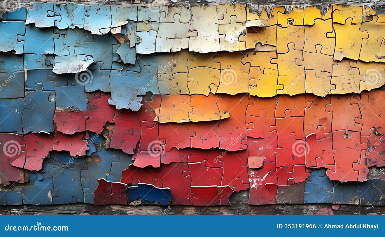 Colorful, Weathered Jigsaw Puzzle Pieces Forming a Gradient Pattern on ...