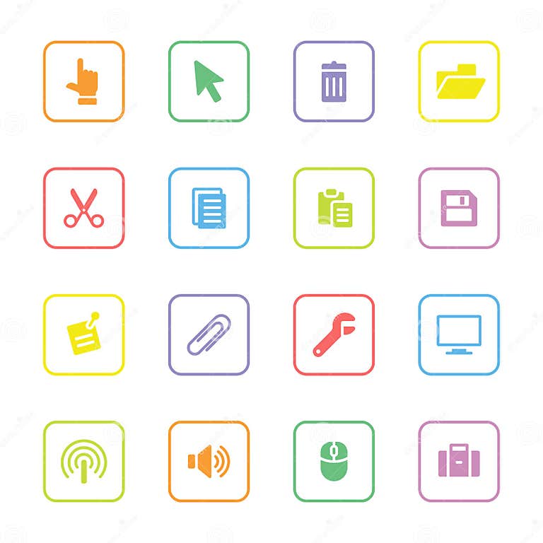Colorful Flat Computer and Technology Icon Set with Rounded Rectangle Frame Stock Vector ...