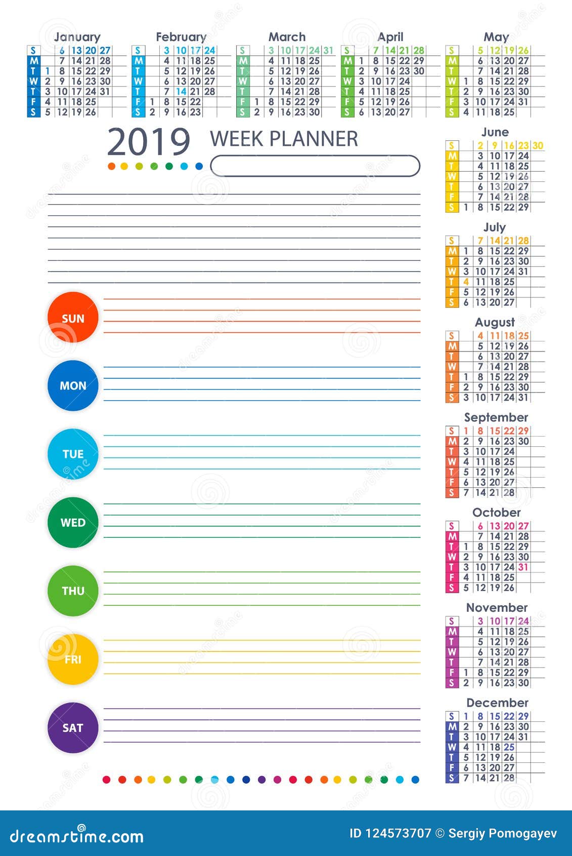 2019 Colorful Week Planner stock vector. Illustration of date - 124573707