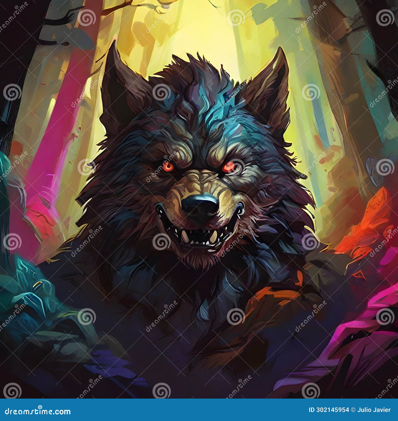 Colorful Werewolf Head with Colorful Forest Theme Surrounded by a Trees ...