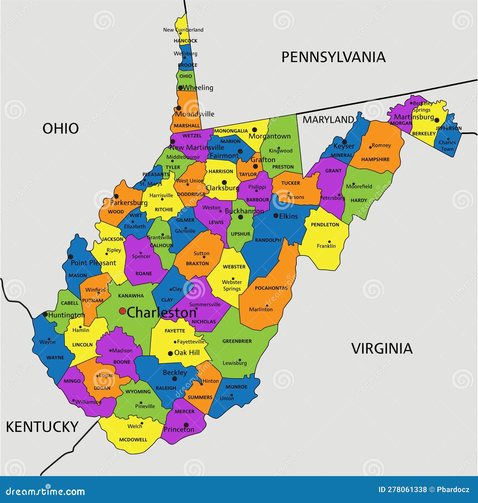 Colorful West Virginia Political Map with Clearly Labeled, Separated ... Colorful West Virginia Political Map with Clearly Labeled, Separated ...
