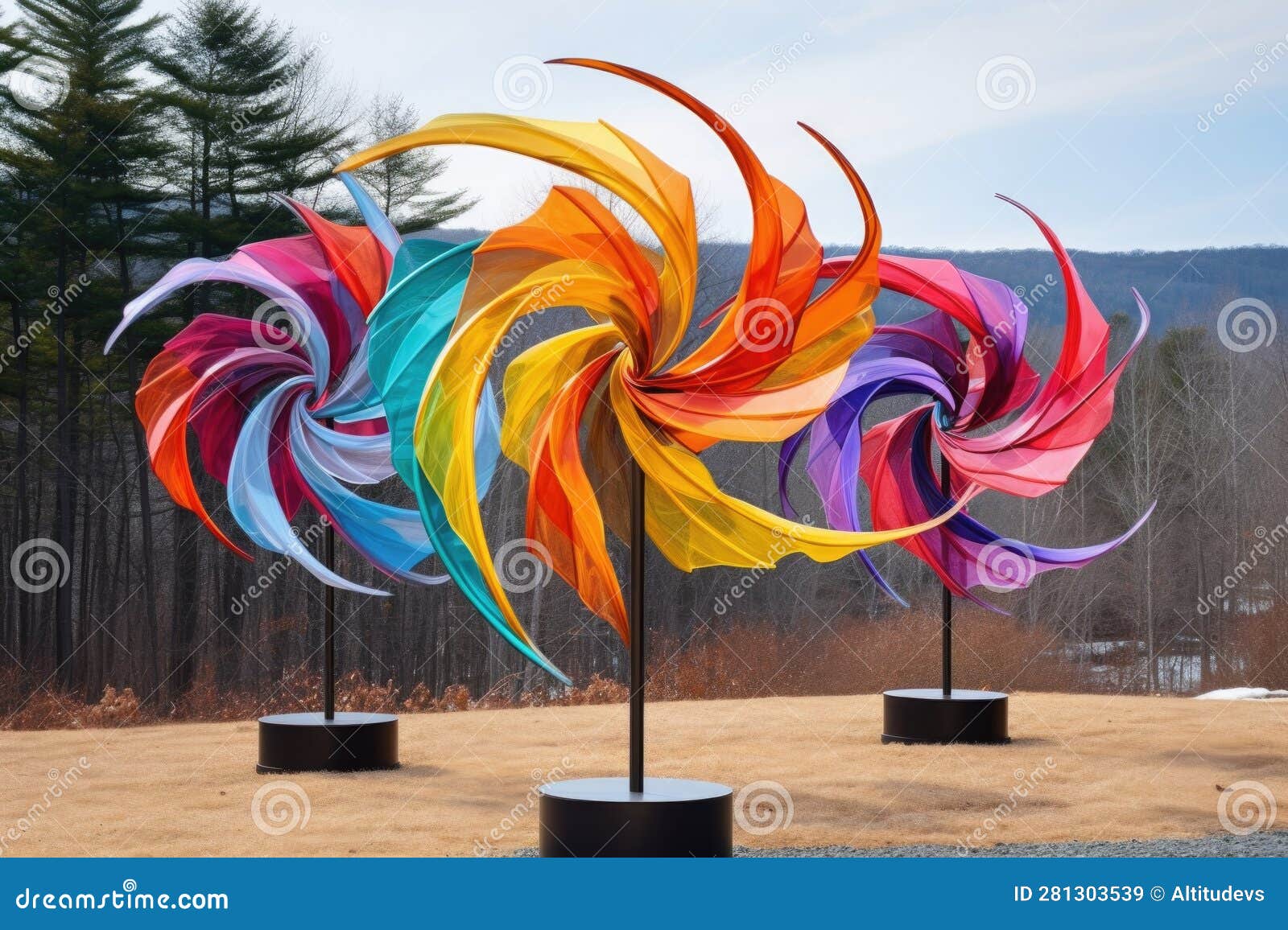 Colorful Wind Sculptures Spinning in Harmony Stock Illustration ...