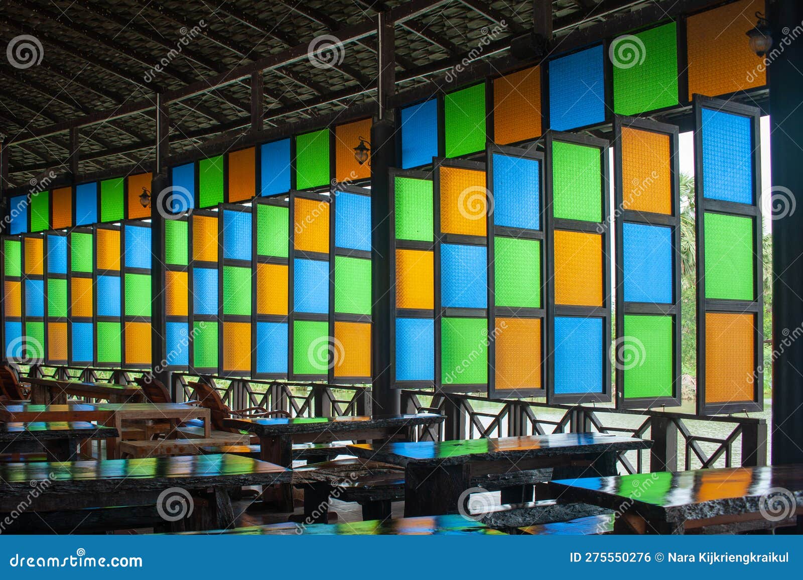 Colorful Window in the Class Room with Many Table and Chair Stock Photo ...