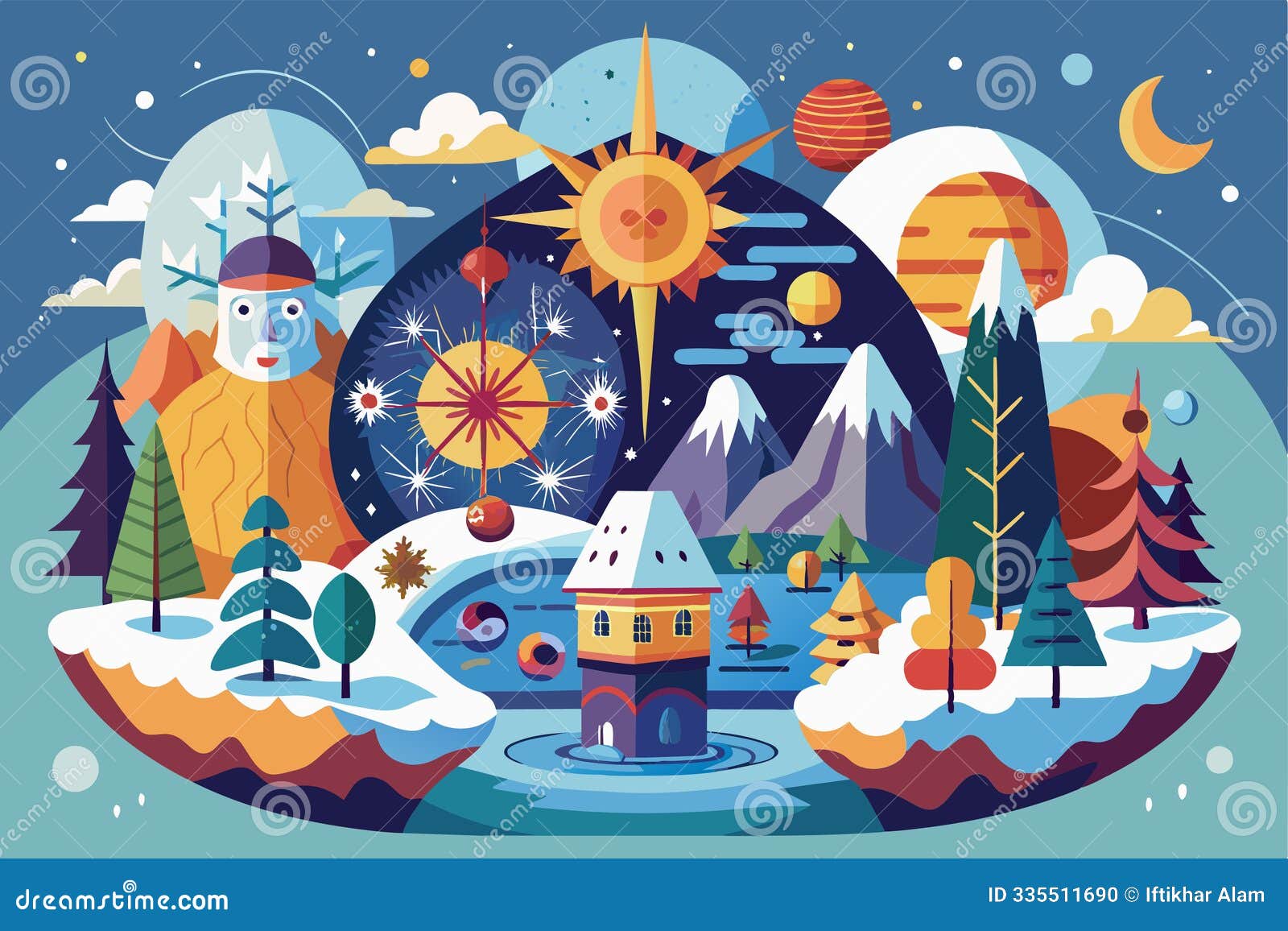 A Colorful Winter Solstice Scene Featuring Mountains, Trees, and ...
