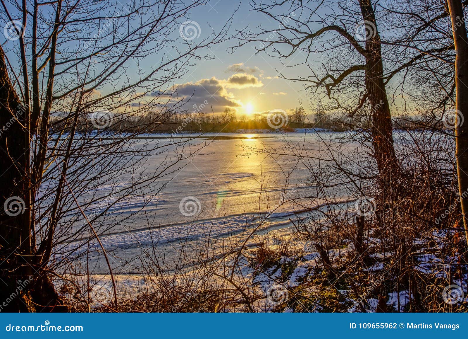 Colorful Winter Sunset with Light Rays Coming through the Trees Stock ...