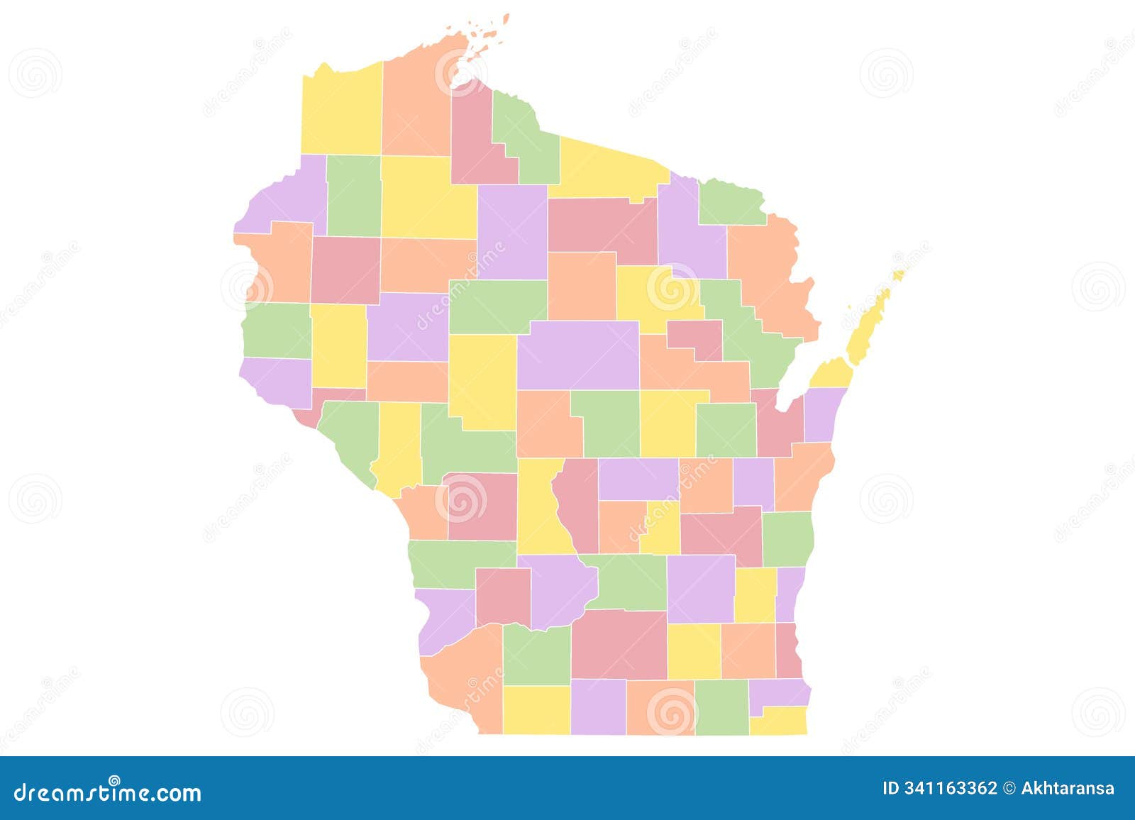 Colorful Wisconsin Administrative Map. Counties Map of Wisconsin, Blank ...