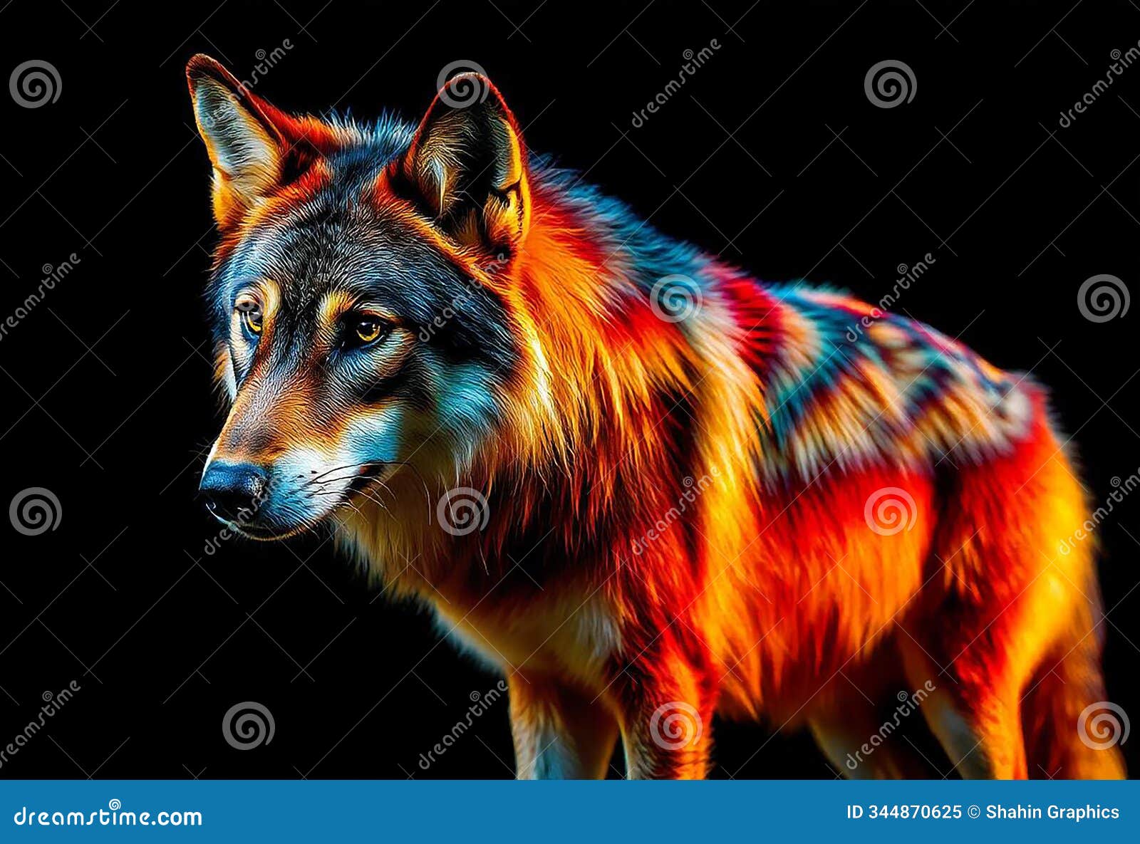 A Colorful Wolf with a Black Background Stock Image - Image of ...