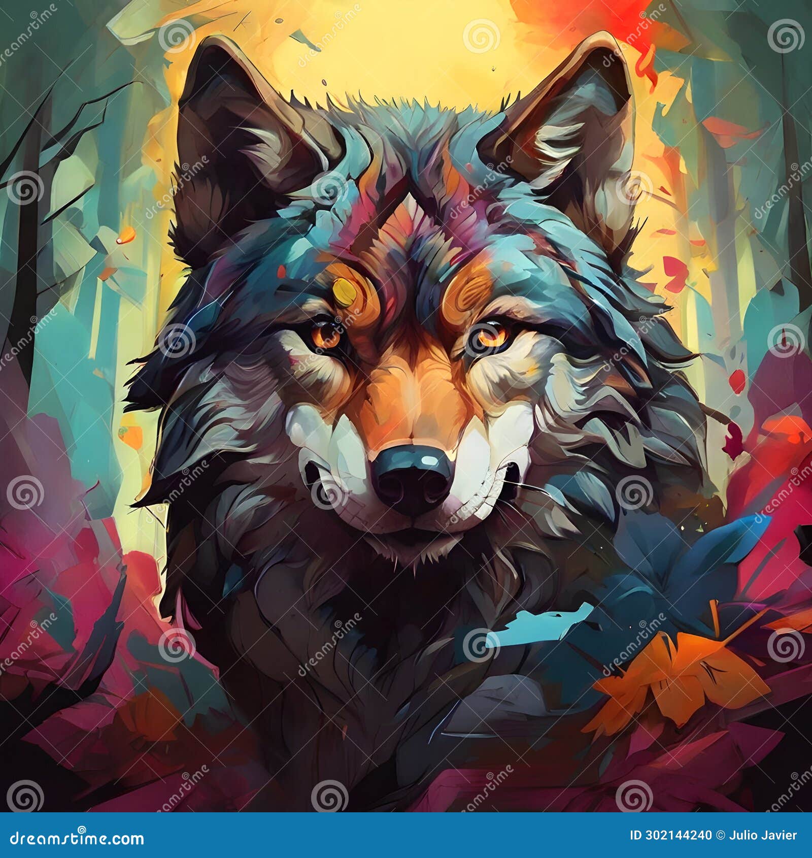 Colorful Wolf Head with Colorful Forest Theme Stock Photo - Image of animal, printing: 302144240