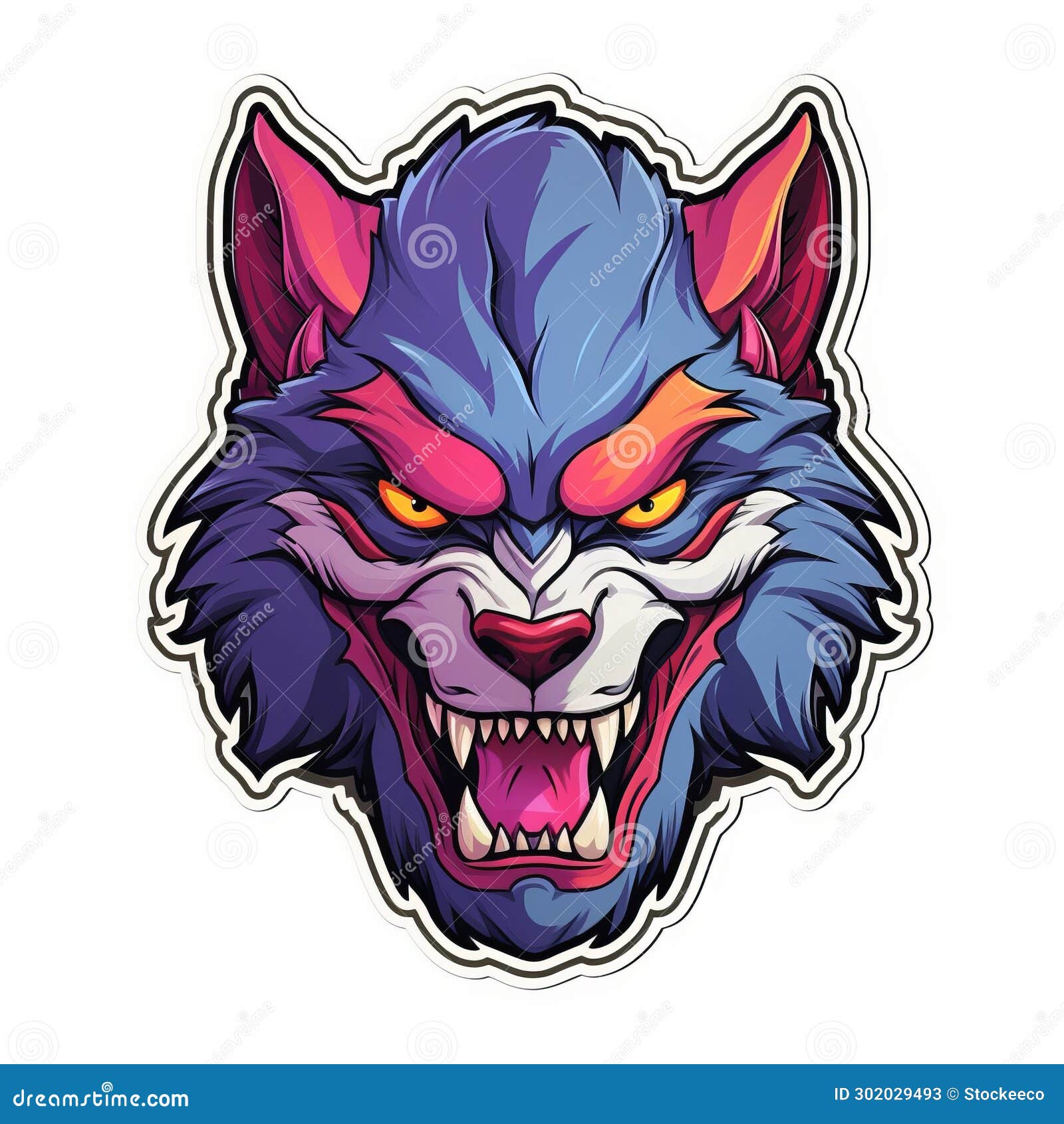 Colorful Wolf Head Sticker - Cartoon Style with Grotesque Elements ...