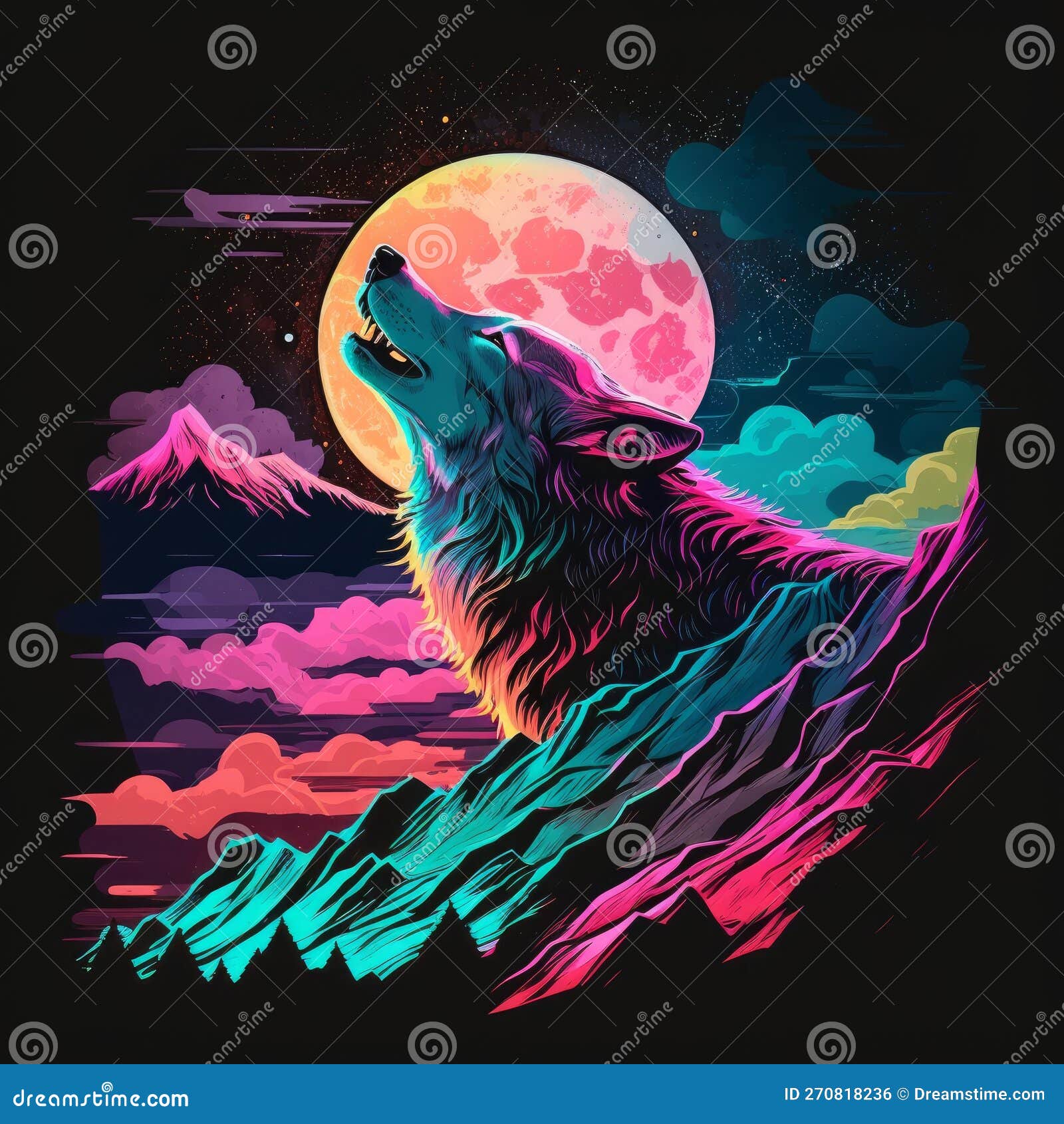 A Colorful Wolf Howling on a Mountain Retro Wave Image Generative AI ...