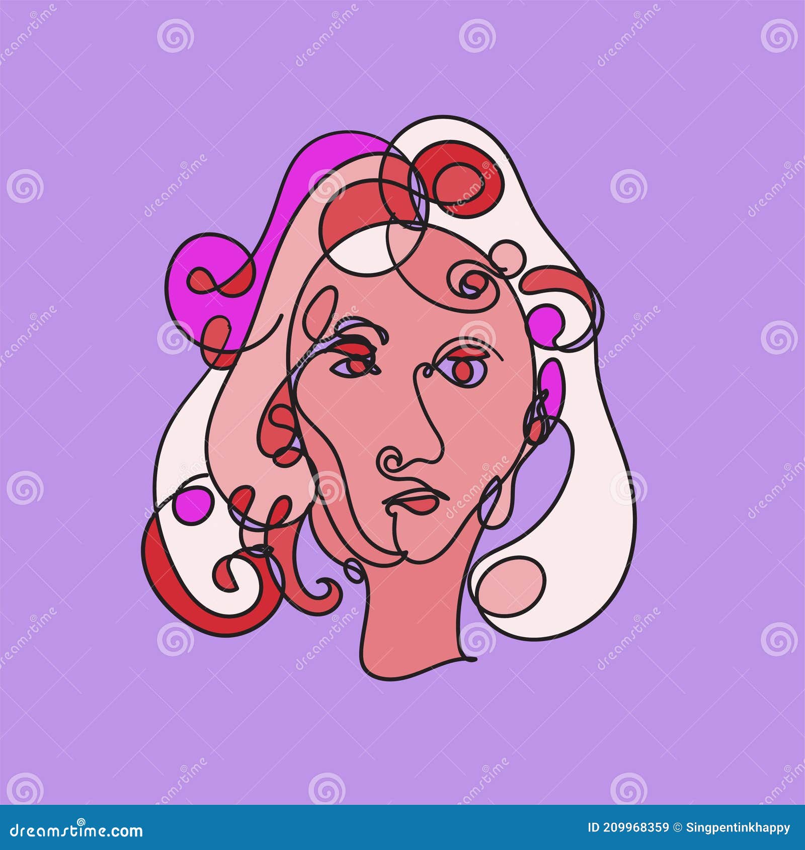Colorful Woman Portrait Continuous Line Art Drawing In Psychedelic