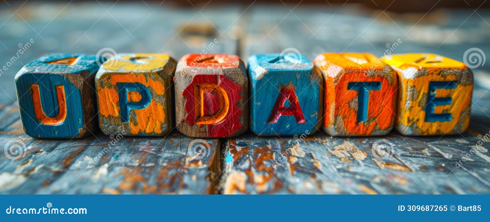 Colorful Wooden Blocks Spelling UPDATE on a Rustic Grey Wood Surface ...