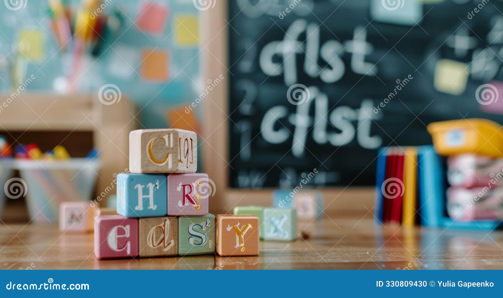 Colorful Wooden Blocks Stacked in Classroom during Learning Activity ...