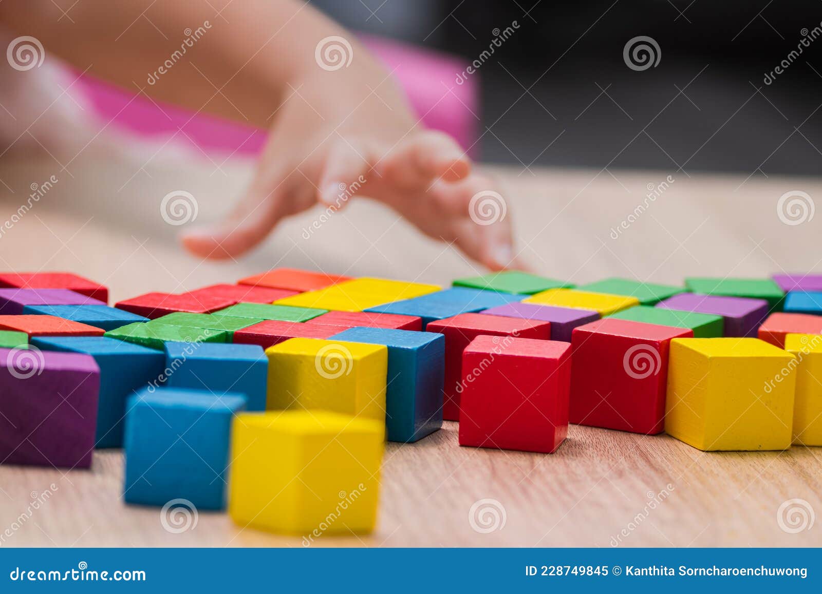 Colorful Wooden Cube Block on Table, Child Hand`s Playing it Stock ...