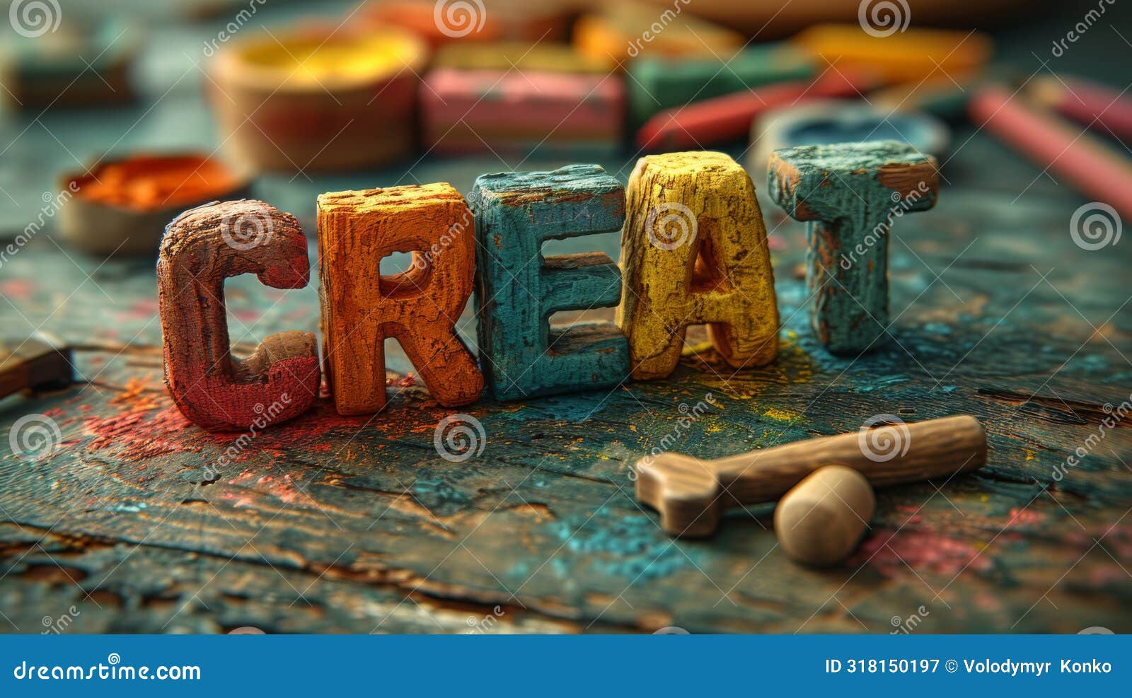 Colorful Wooden Letters Spelling the Word CREATE on a Textured Surface ...