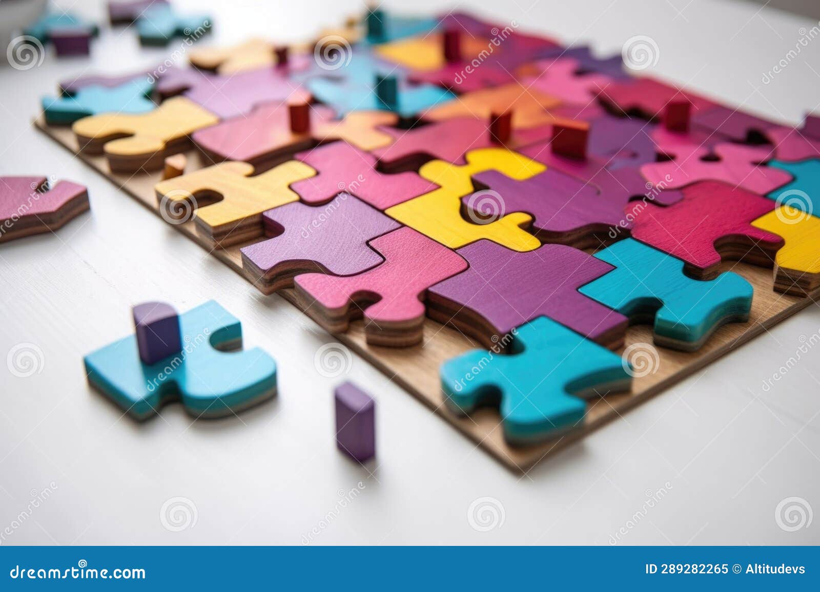 Colorful Wooden Puzzle Pieces on White Table Stock Image - Image of ...
