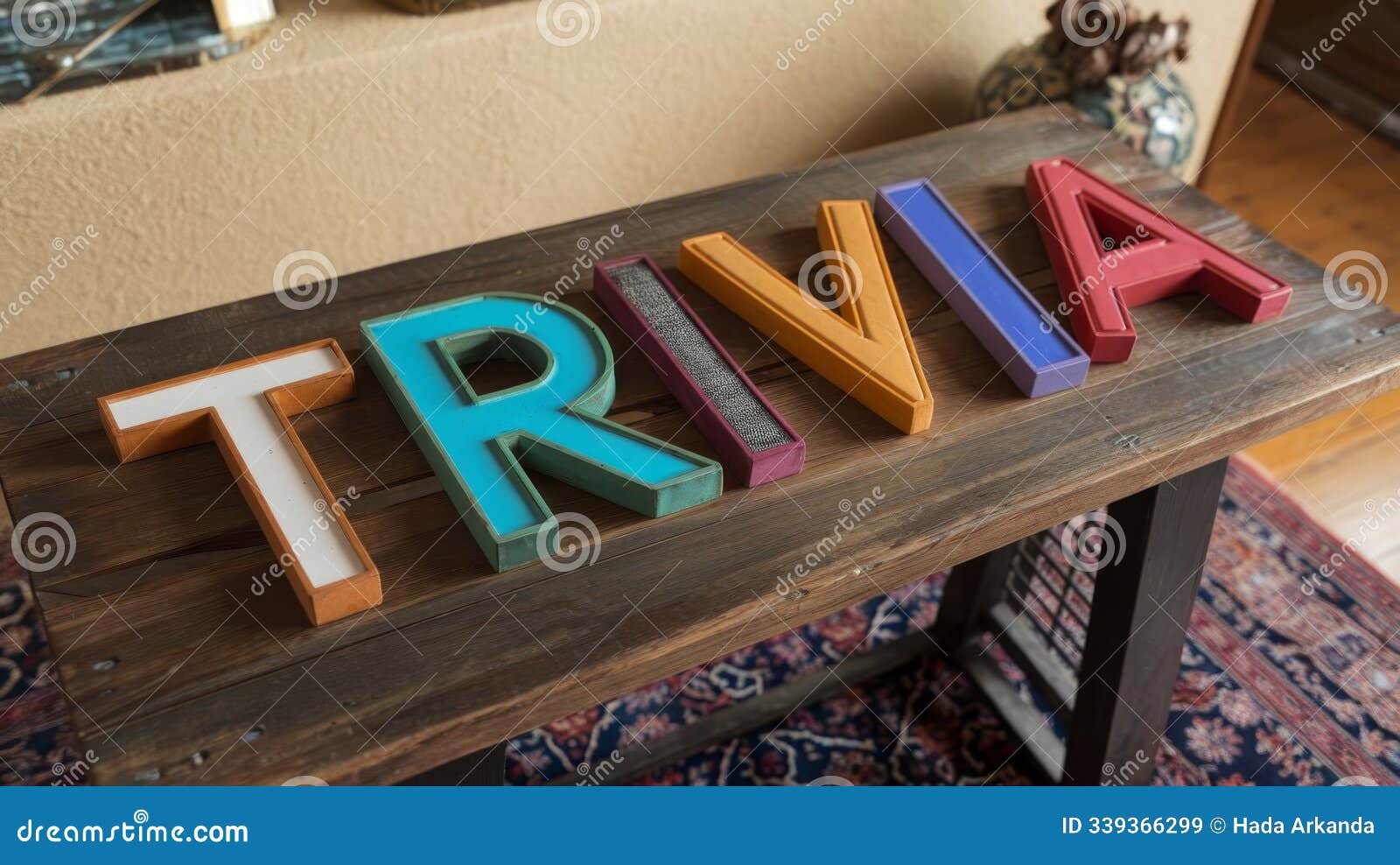 Colorful Word Trivia on Wooden Table, Bright and Engaging Display Stock ...