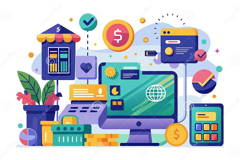 A Colorful Workspace Displays Various Payment Processing Tools, Visual ...