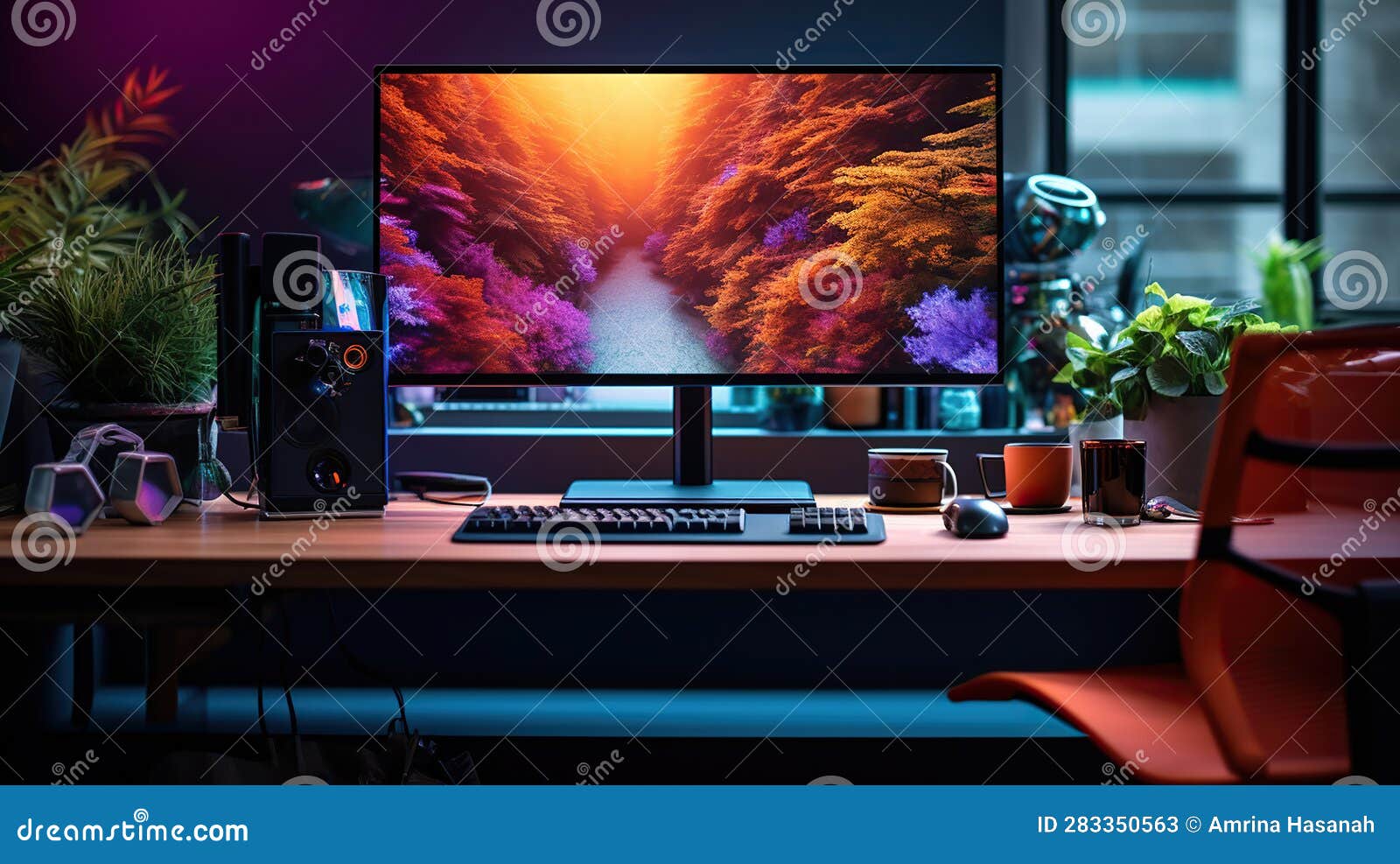 Colorful Workstation Harmony. Creating an Inspiring Office Setup Stock ...