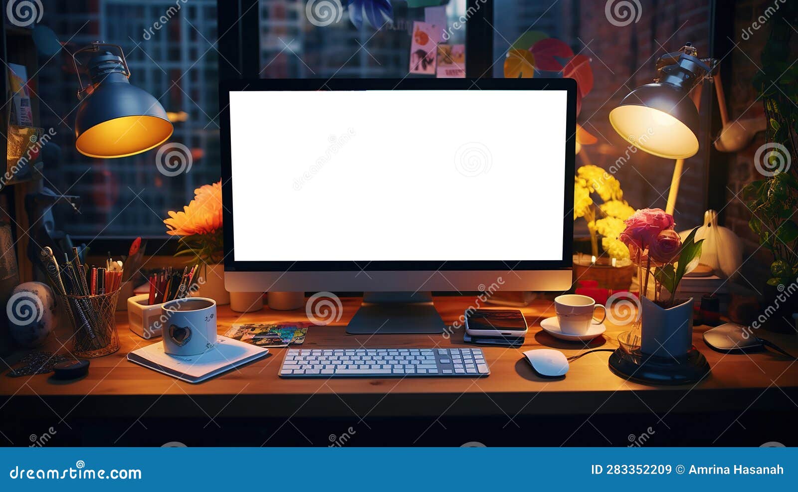 Colorful Workstation Harmony. Creating an Inspiring Office Setup Stock ...