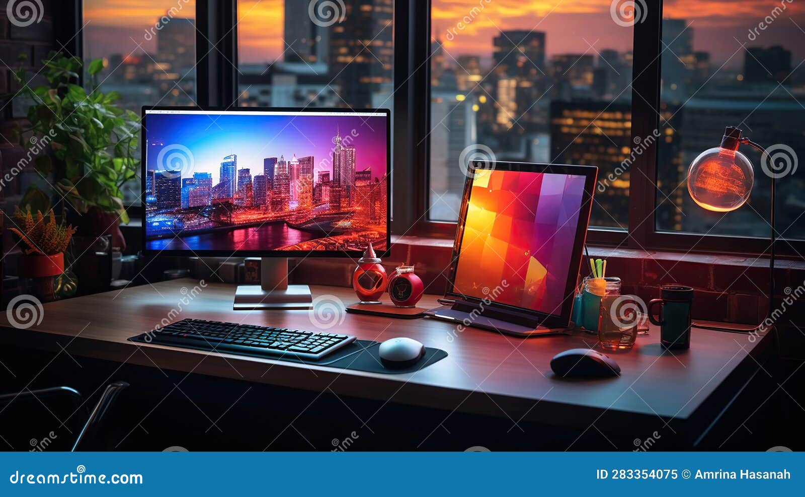 Colorful Workstation Harmony. Creating an Inspiring Office Setup Stock ...
