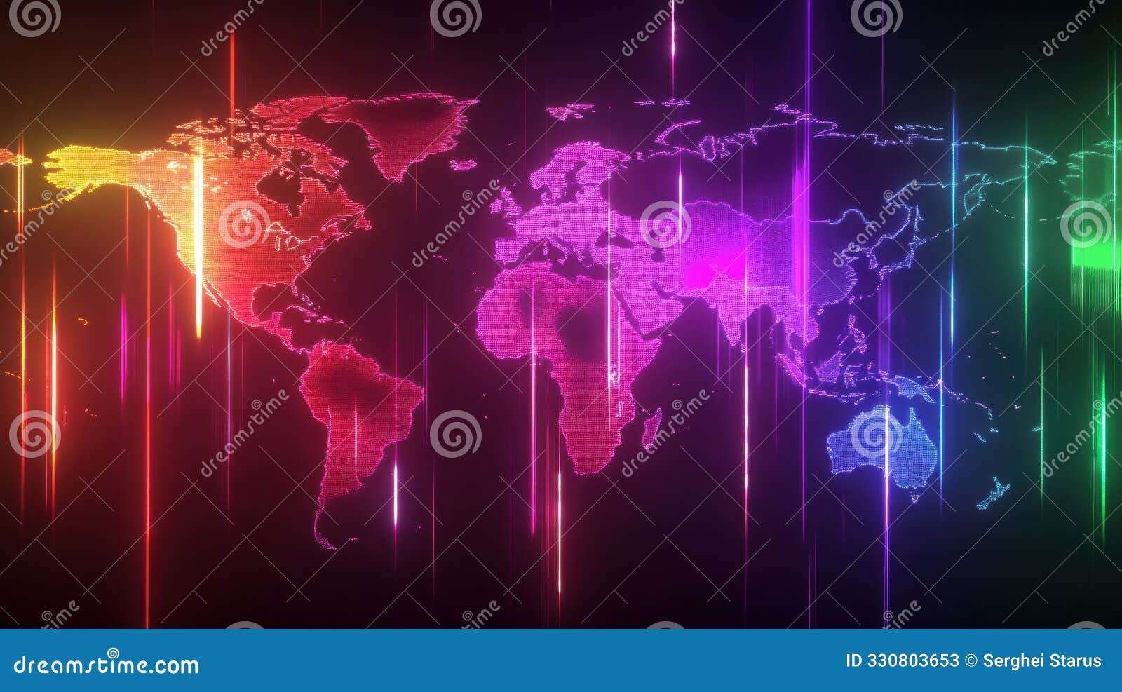 A Colorful World Map with Bright Lights on a Black Background, AI Stock ...