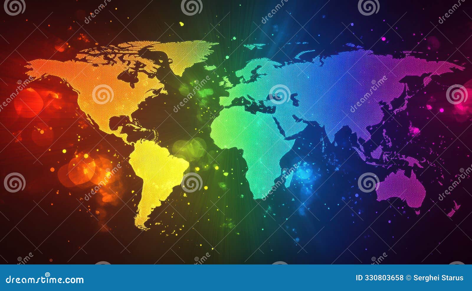 A Colorful World Map with Bright Lights on a Black Background, AI Stock ...