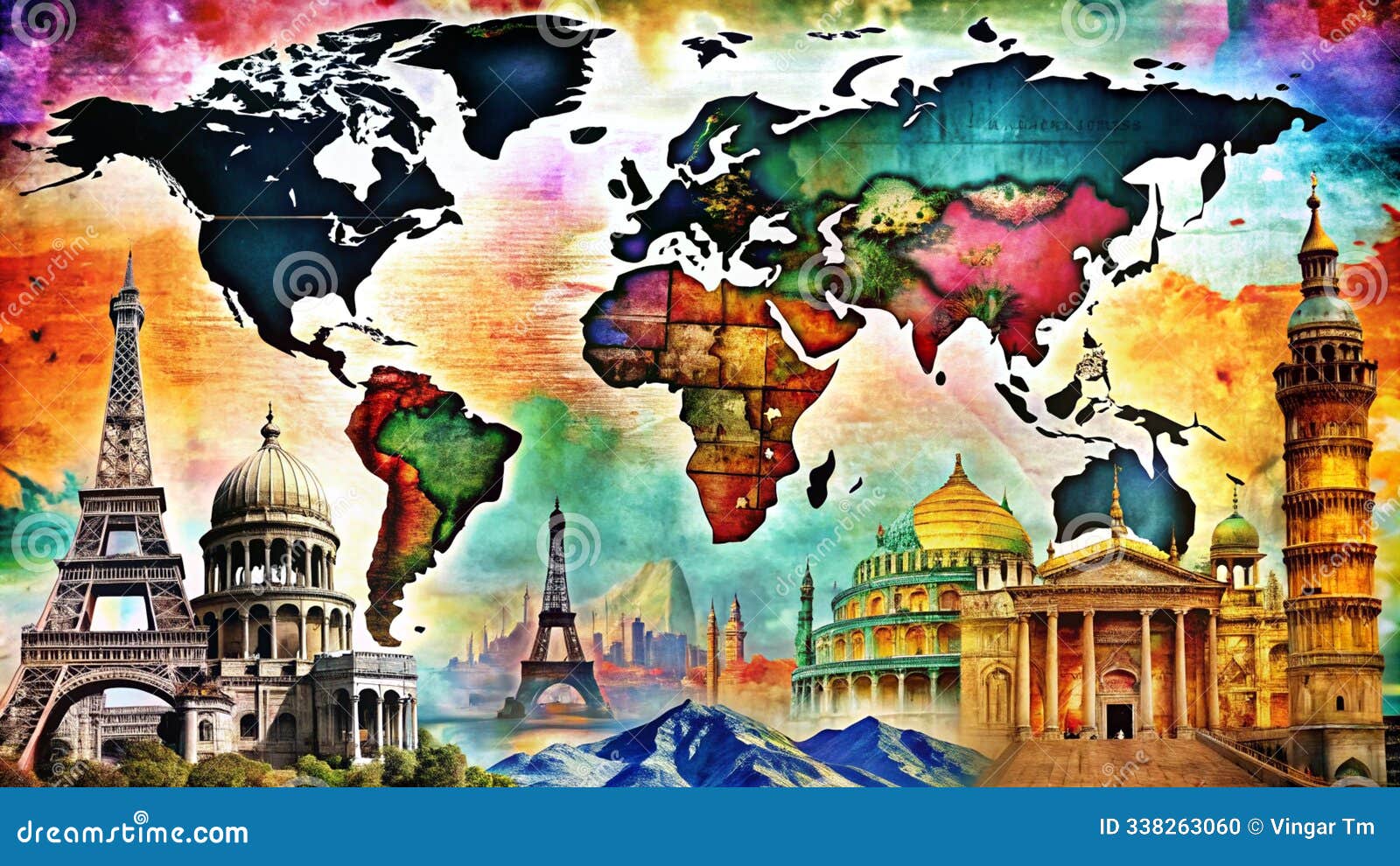 Colorful World Map with Famous Landmarks Stock Photo - Image of ...